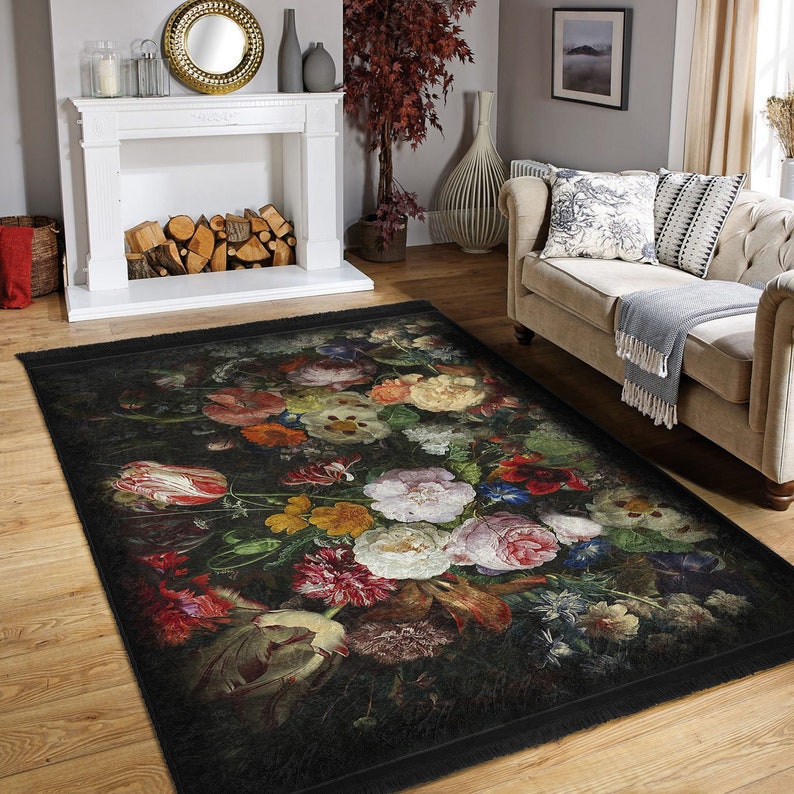 Black Rug With Flower, Pink Roses Non Slip Carpet, Stylish Washable ...