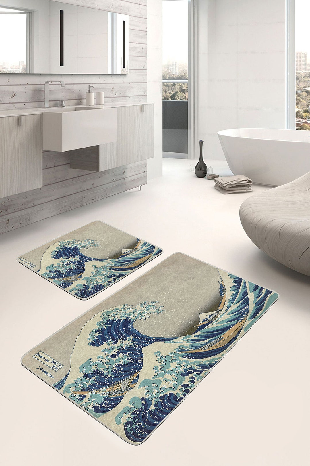 Ocean Wave Bath Mat, Japanese Paint Non Slip Bath Rug, Blue Floor Mat ...