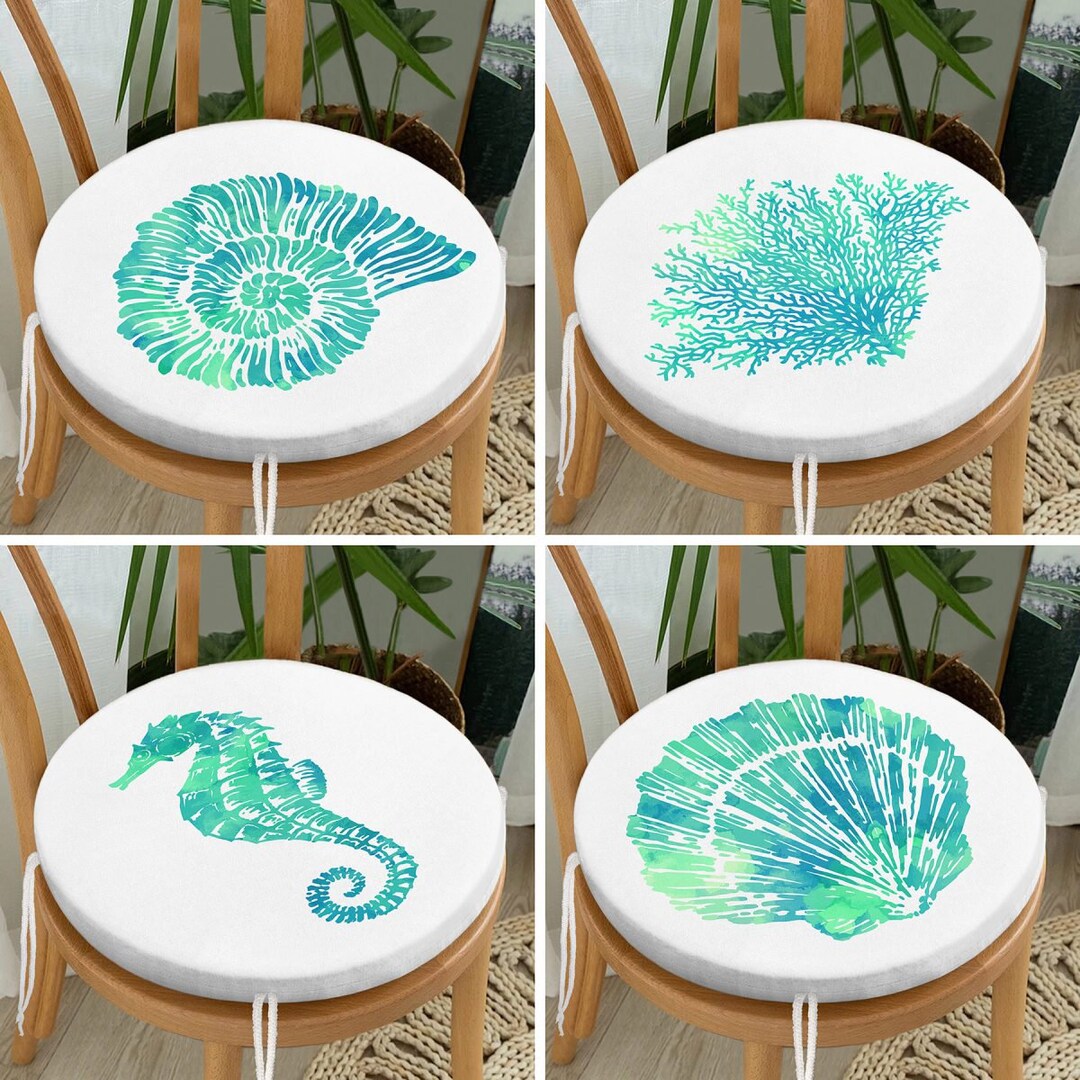 Turquoise Spiral Shell Pattern Round Chair Covers With Ties, Coral Set ...