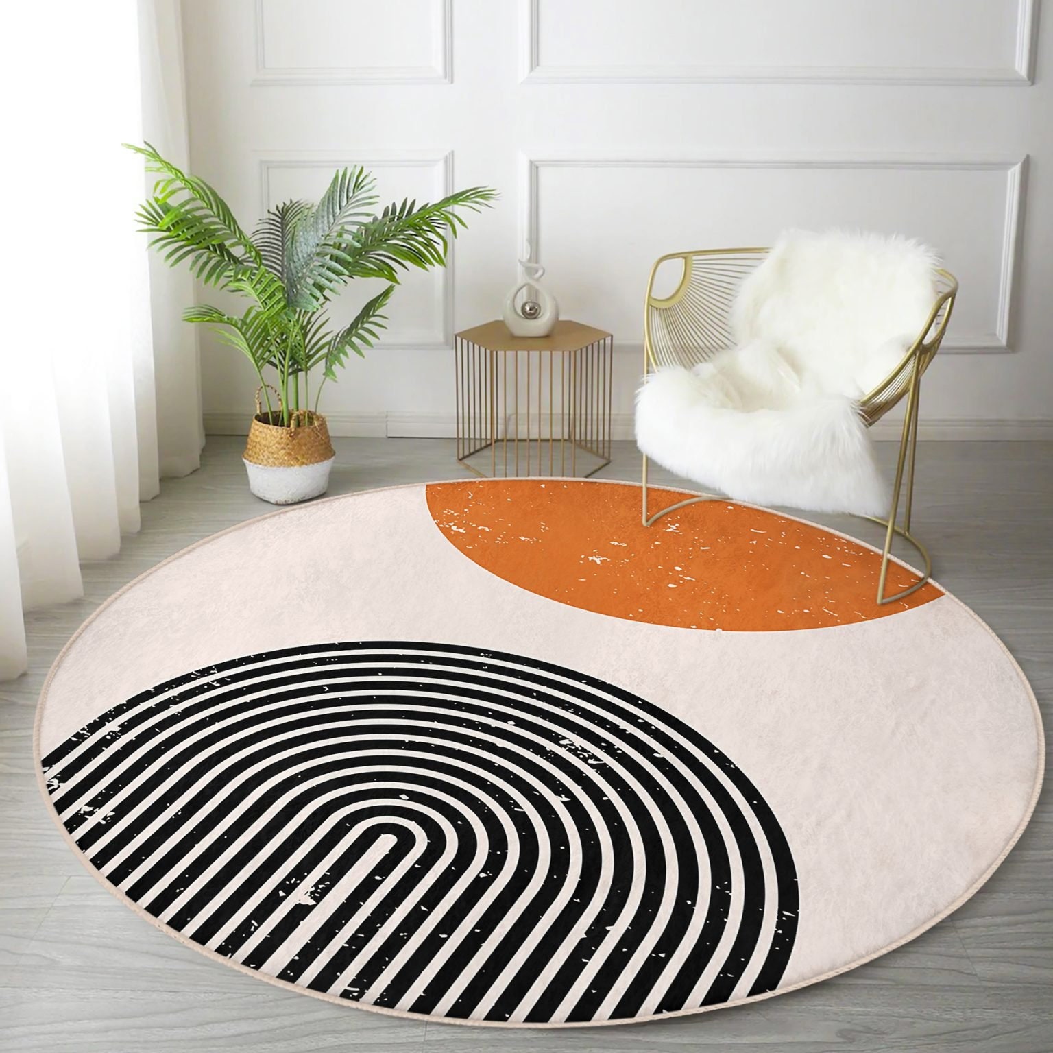 Rainbow & Sun Round Rug Mid Century Circle Rug Anti Slip - Etsy