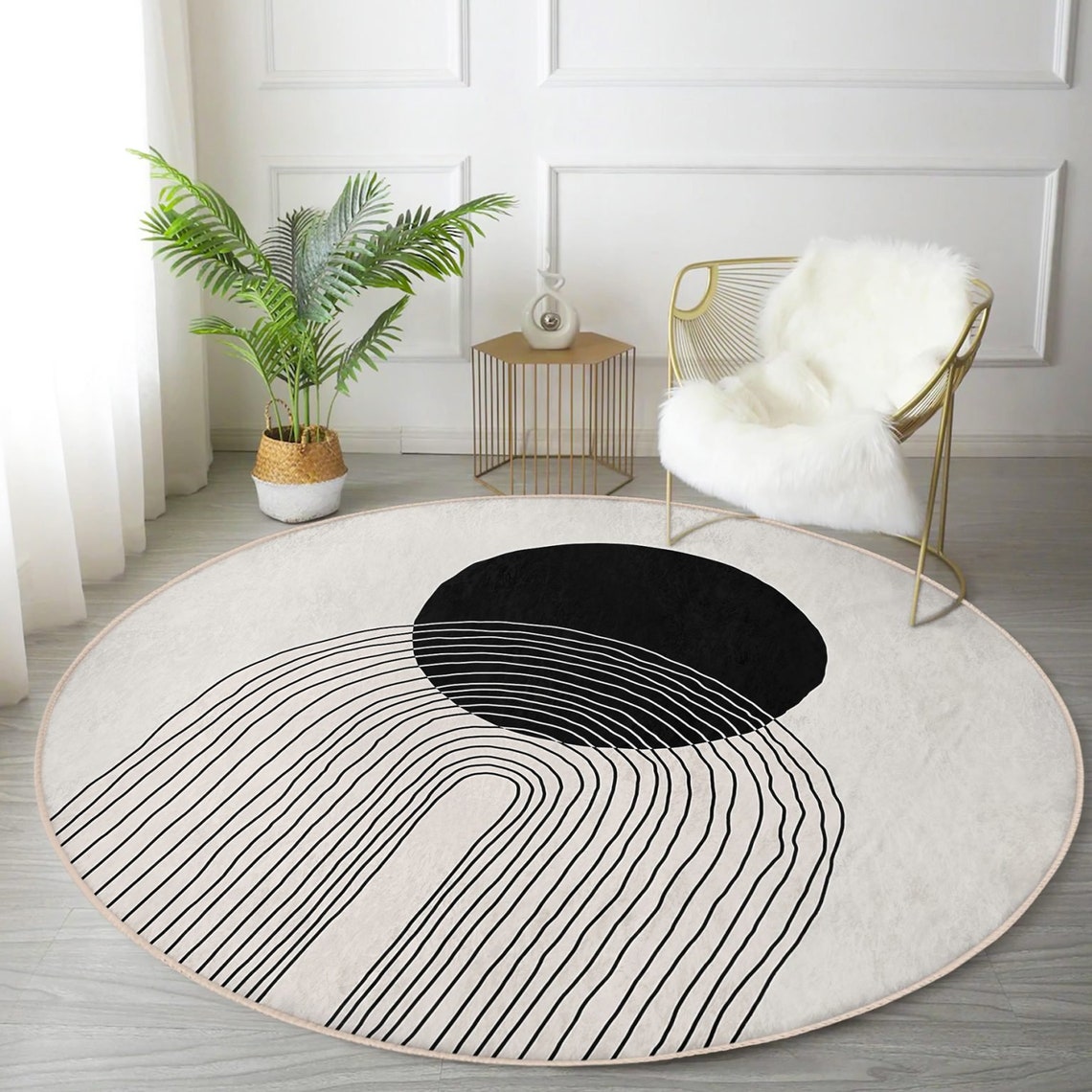 Mid Century Round Rug, Onedraw Circle Rug, Black Sun & Rainbow Round ...