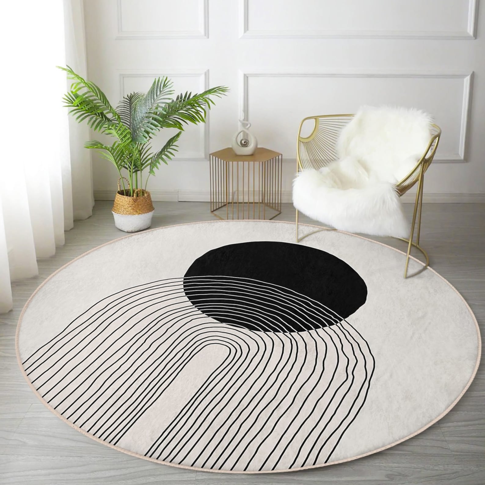 Mid Century Round Rug, Onedraw Circle Rug, Black Sun & Rainbow Round ...