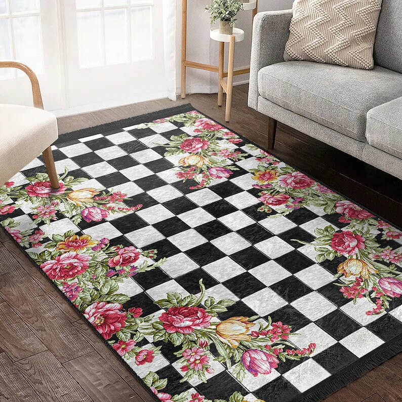 Checkered Floral Runner Rug: Black White With Pink Flowers - Etsy