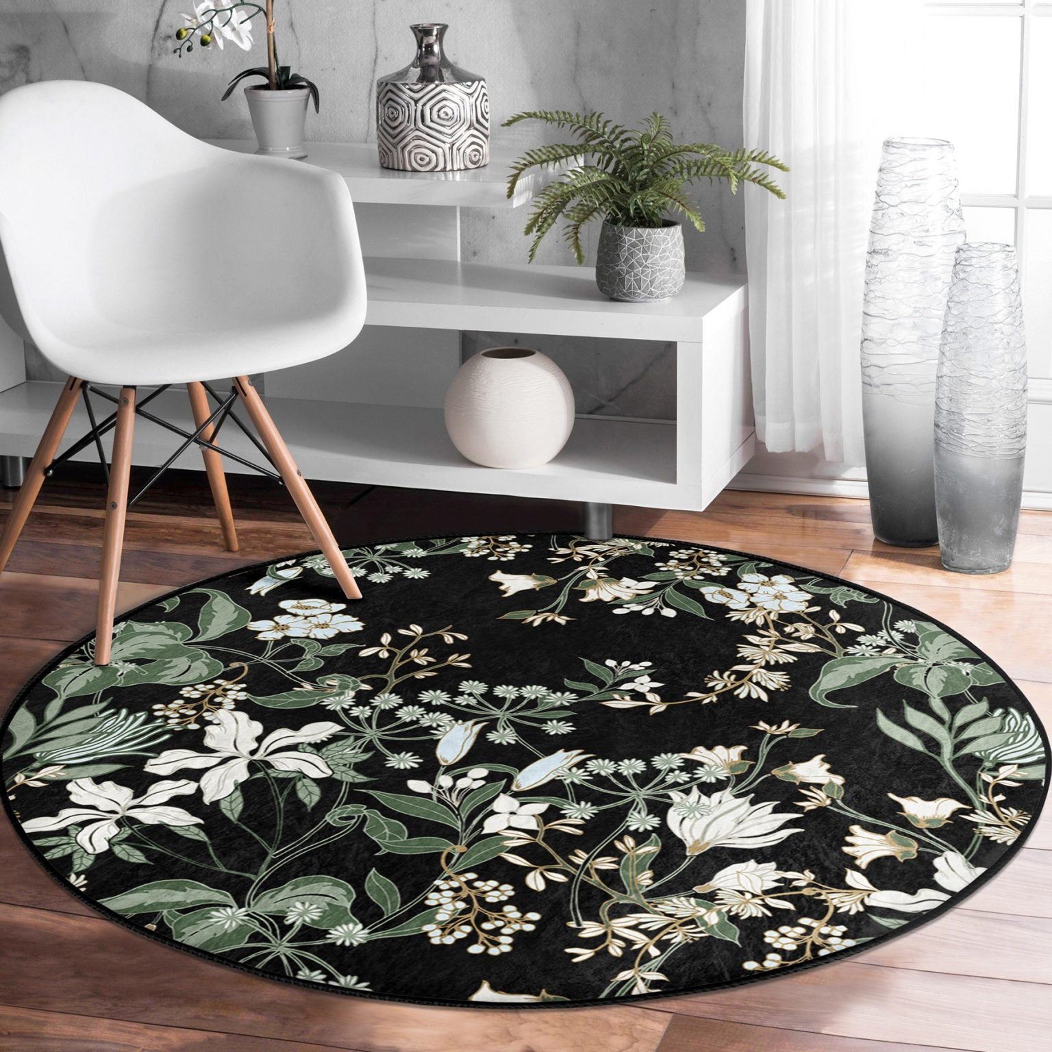 Greenery and Flowers Round Rug, Black Non Slip Circle Rugs, Garden ...