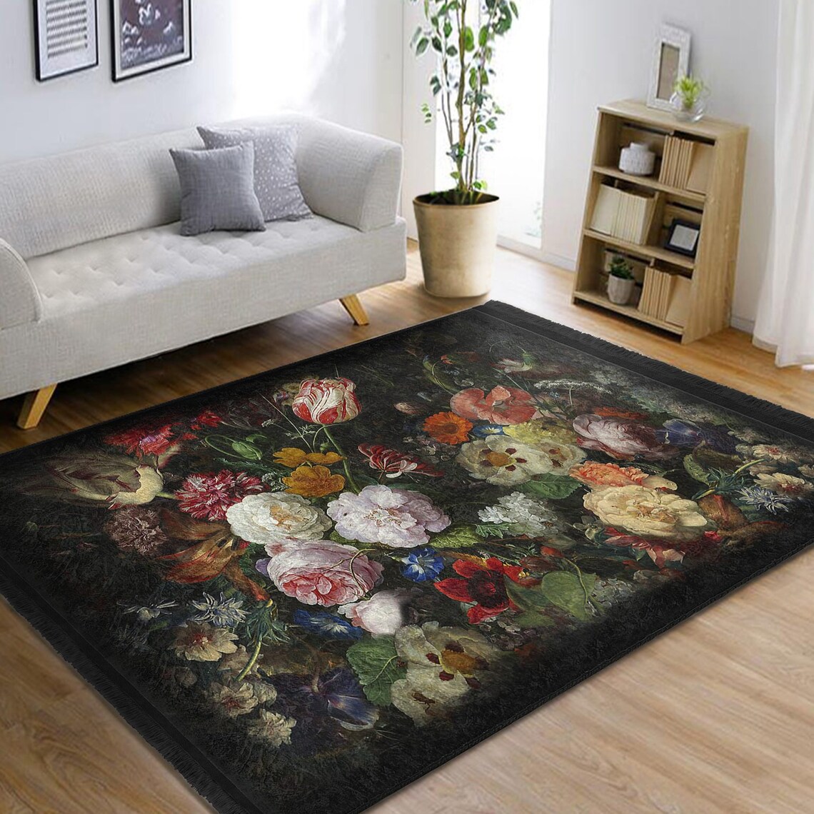 Black Rug With Flower, Pink Roses Non Slip Carpet, Stylish Washable ...