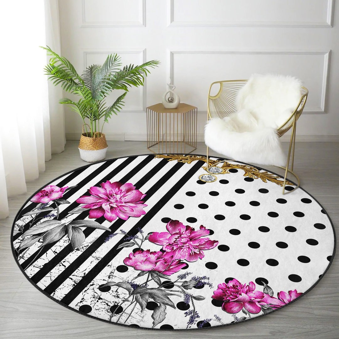 Black & White Round Rug, Pink Floral Circle Rug, Anti Slip Round Carpet ...