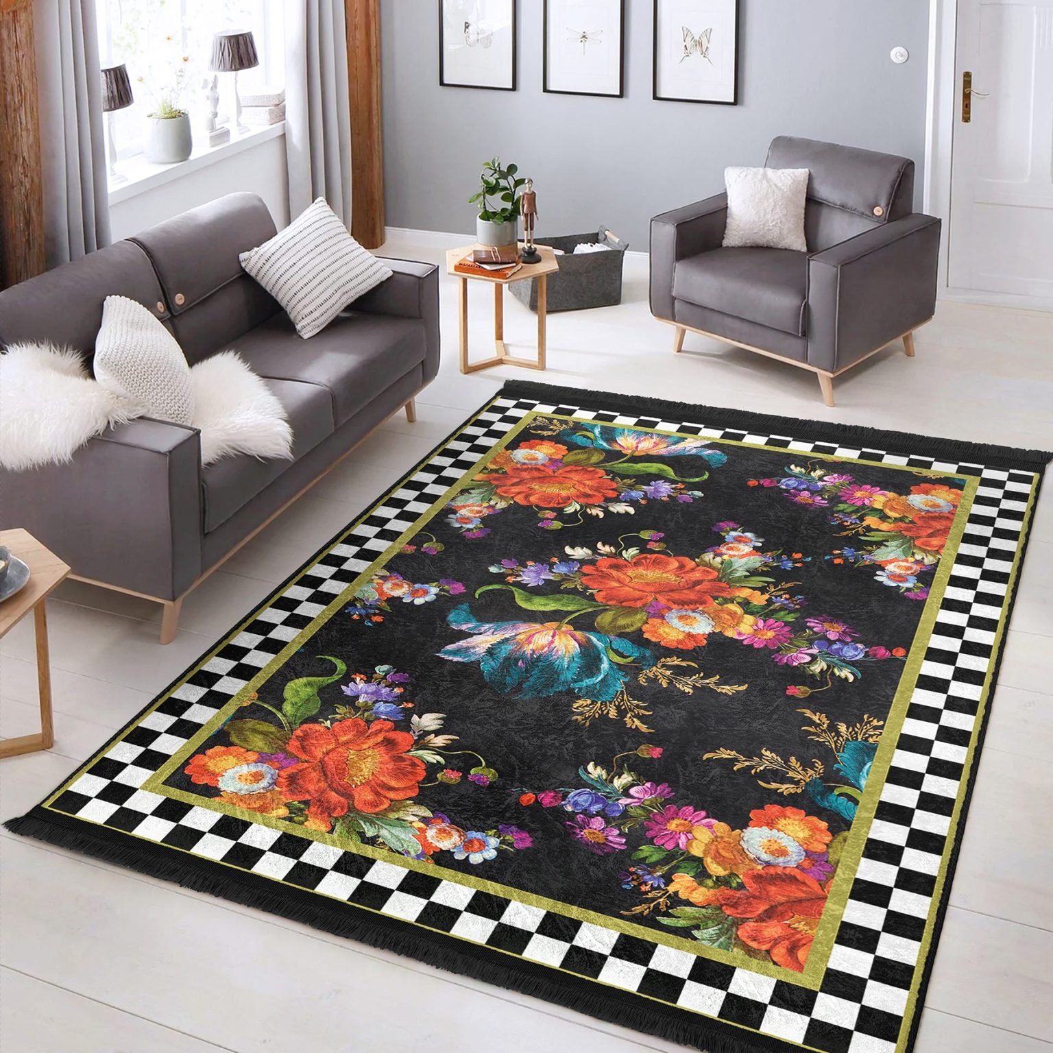 Floral Area Rug, Black & White Checkered Rugs, Orange Flowers Carpet ...