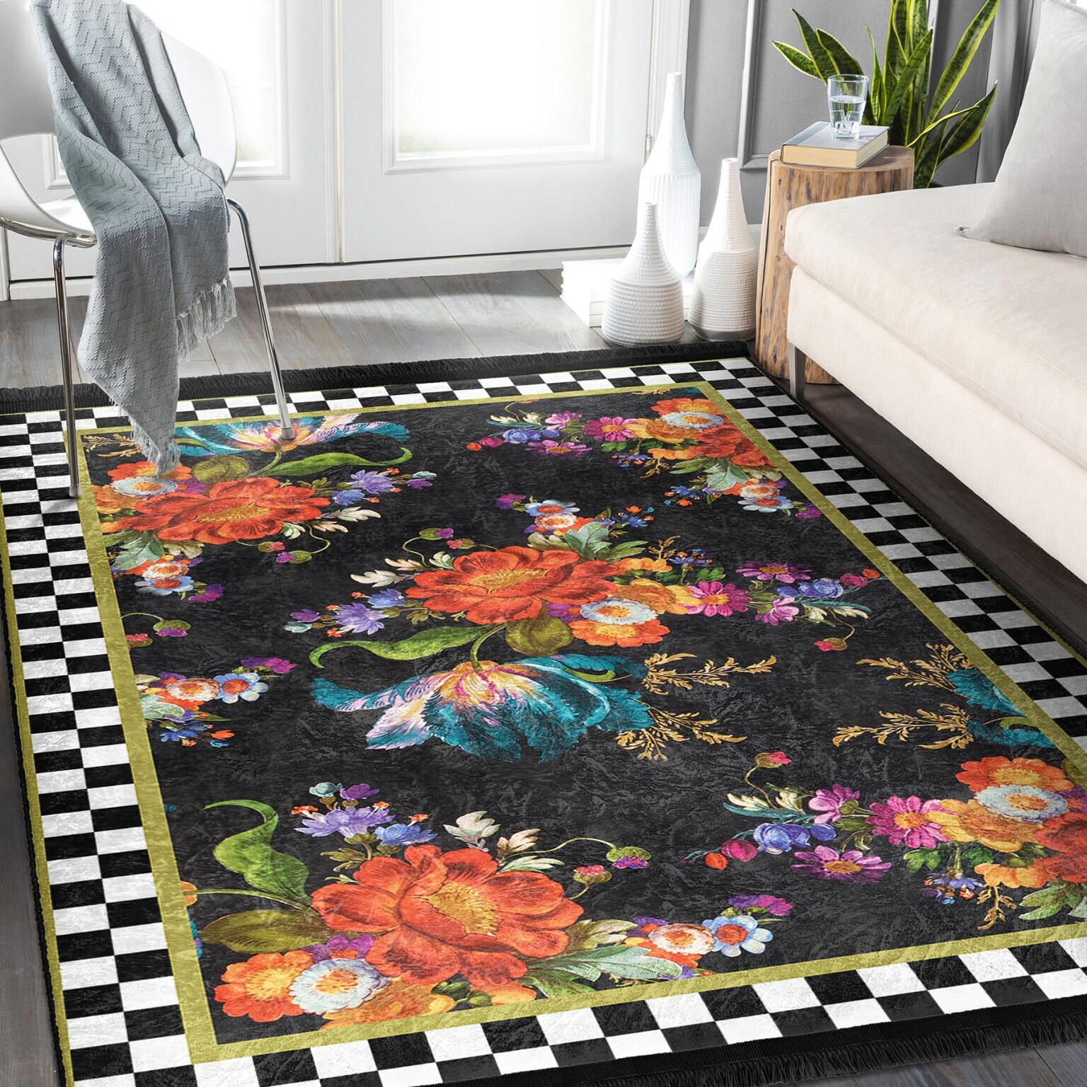Floral Area Rug, Black & White Checkered Rugs, Orange Flowers Carpet ...