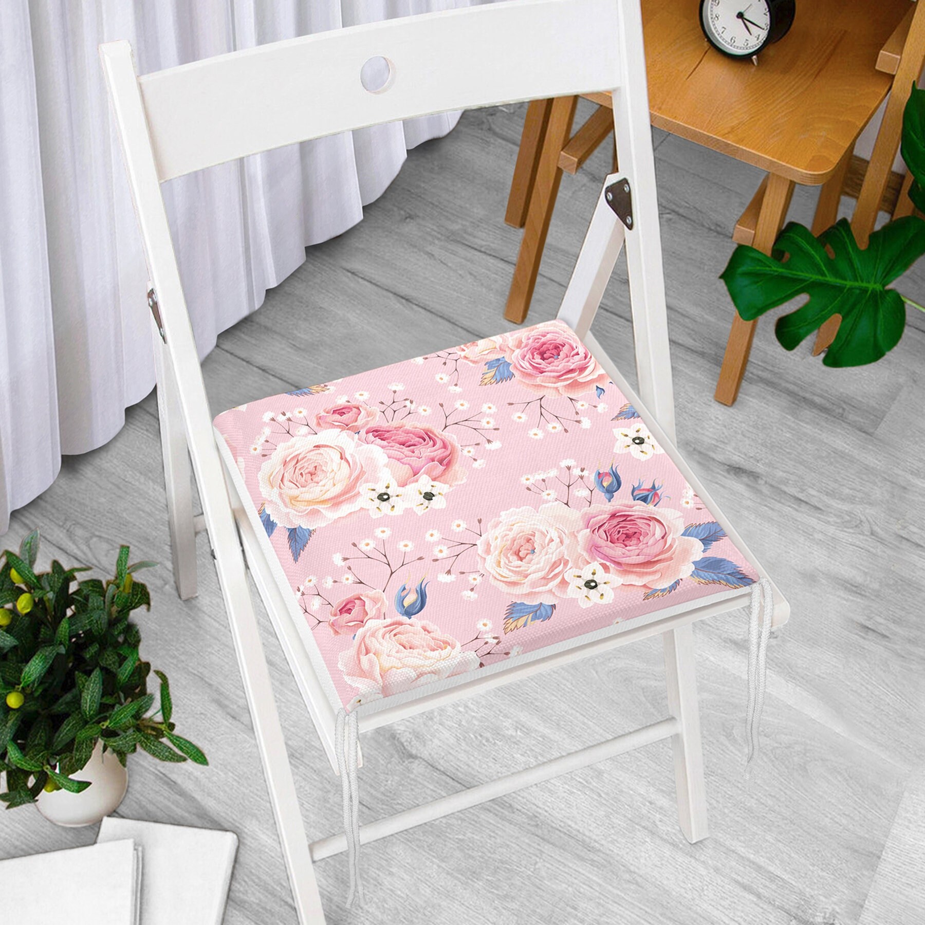 Pink Rose Chair Cushion With Ties, Pink Accent Garden Seat Cover, Patio ...