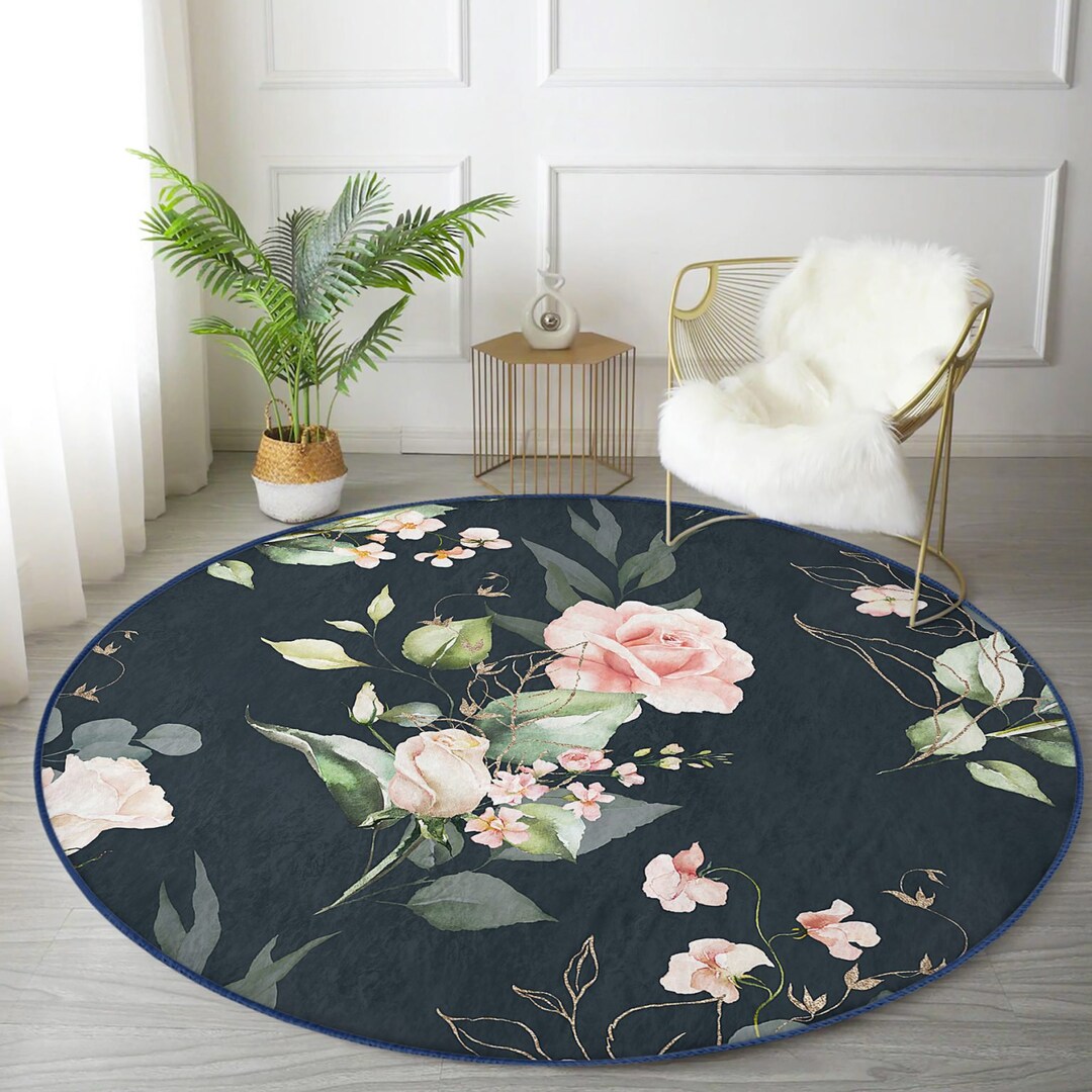 Rose and Rosebud Style Round Rug, Anti Slip Floral Circle Rug, Nature ...