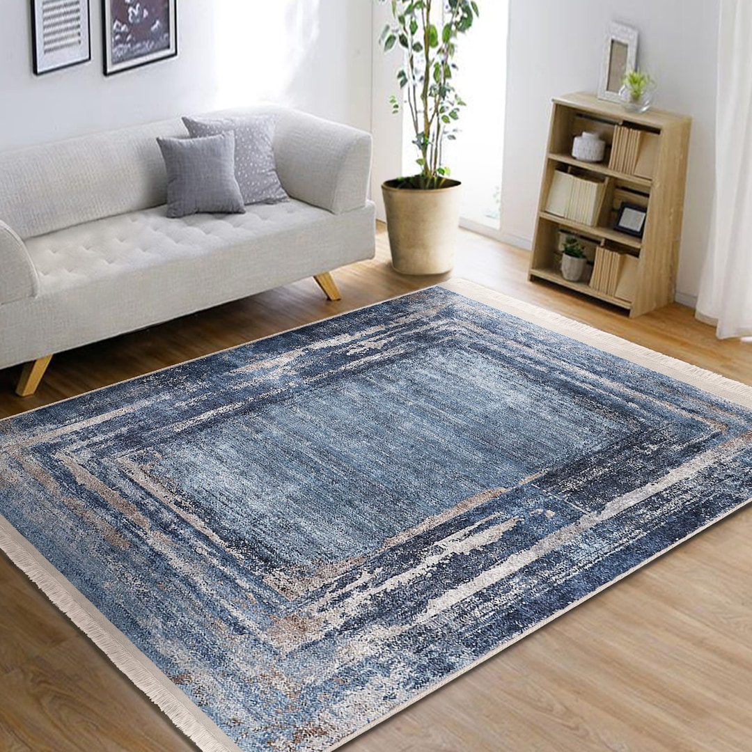 Modern Area Rug, Distressed Style Rugs, Framed Blue Anti-slip Carpet ...