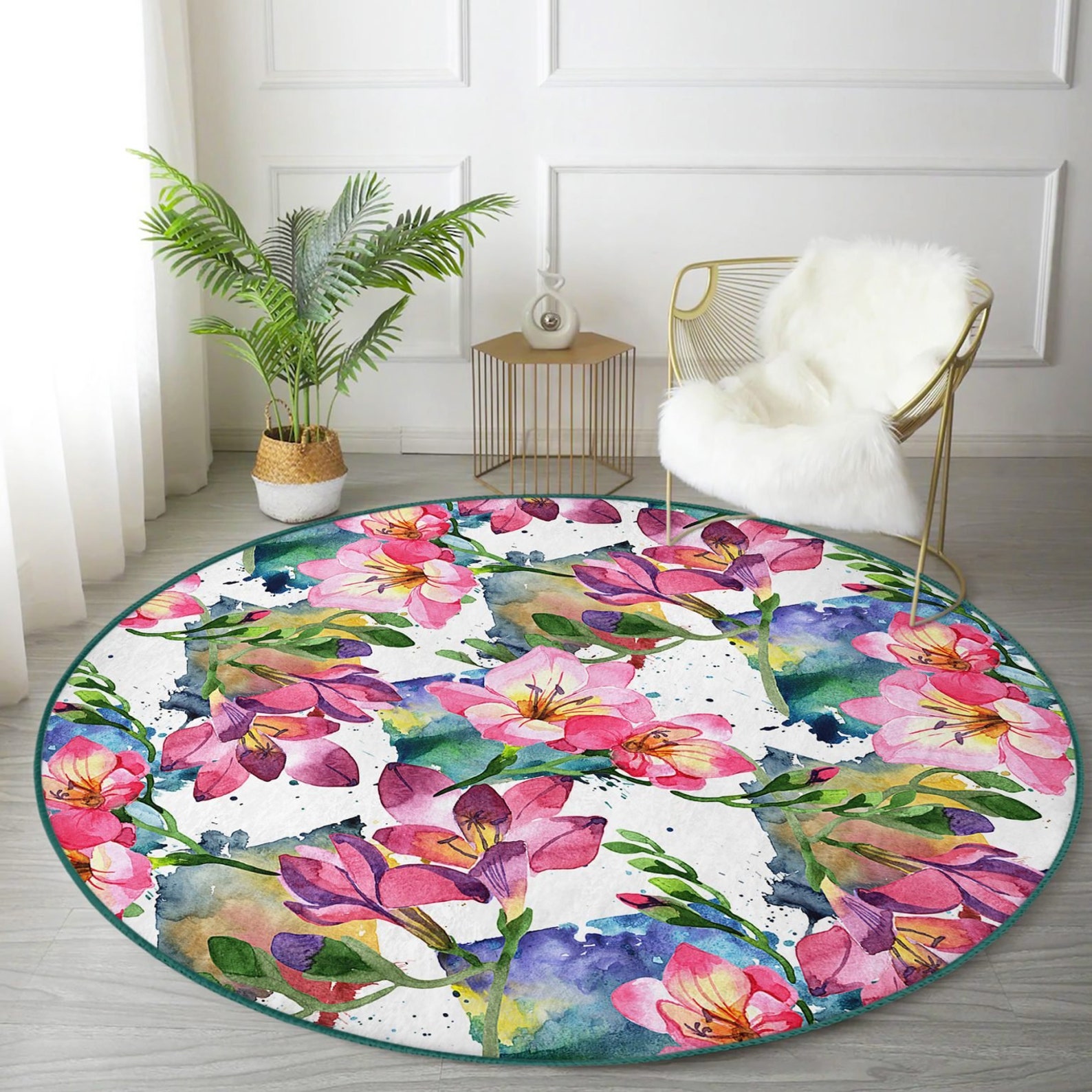 Watercolor Floral Round Rug, Non Slip Colorful Flowers Circle Rugs ...