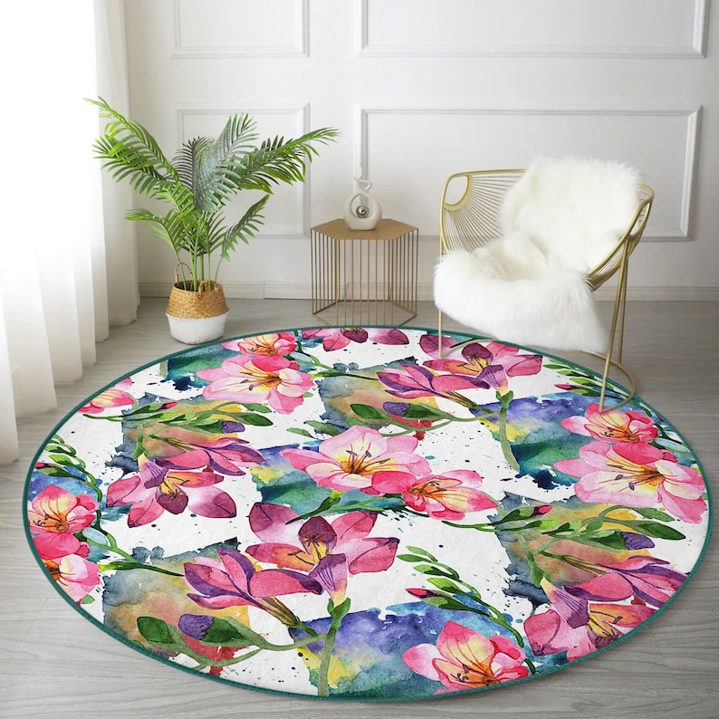 Watercolor Floral Round Rug, Non Slip Colorful Flowers Circle Rugs ...