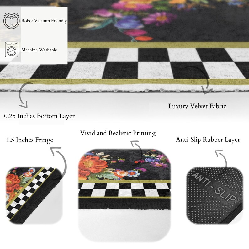 Floral Area Rug, Black & White Checkered Rugs, Orange Flowers Carpet ...