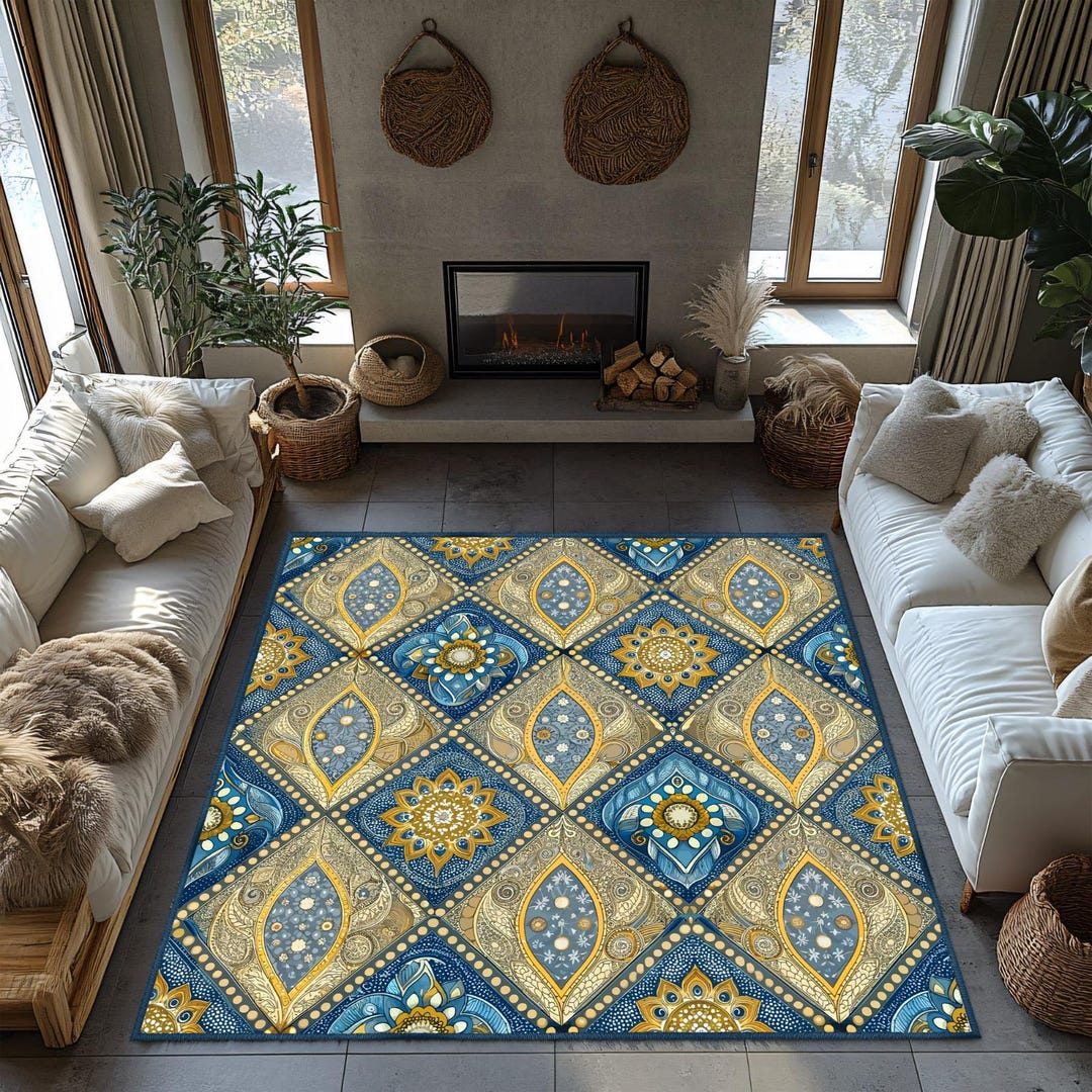 Ethnic Floral Rug: Blue Yellow Diamond Pattern, Non-slip Mat - Etsy