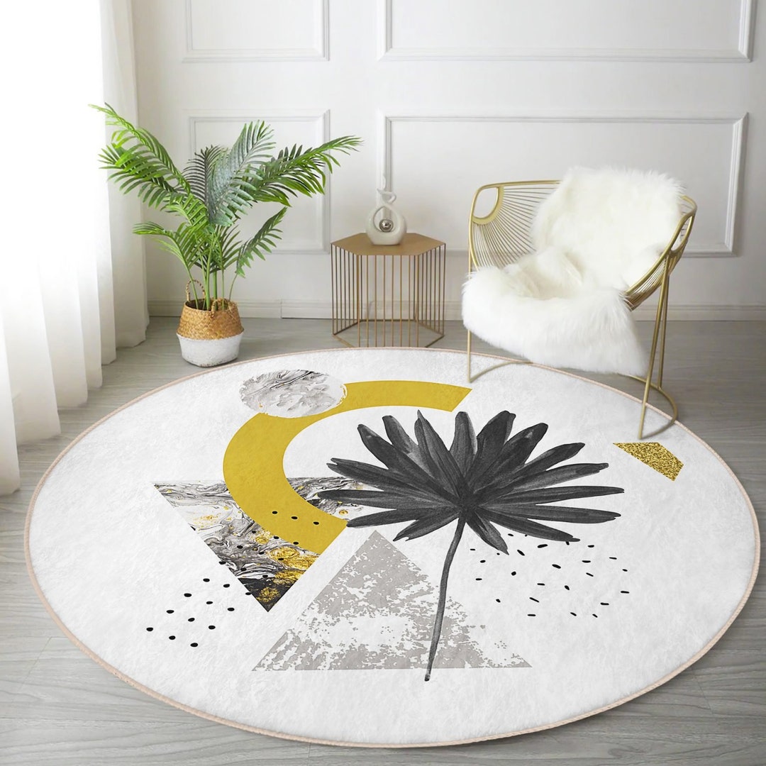 Geometric Shapes and Flower Round Rug, Black Floral Circle Rug ...