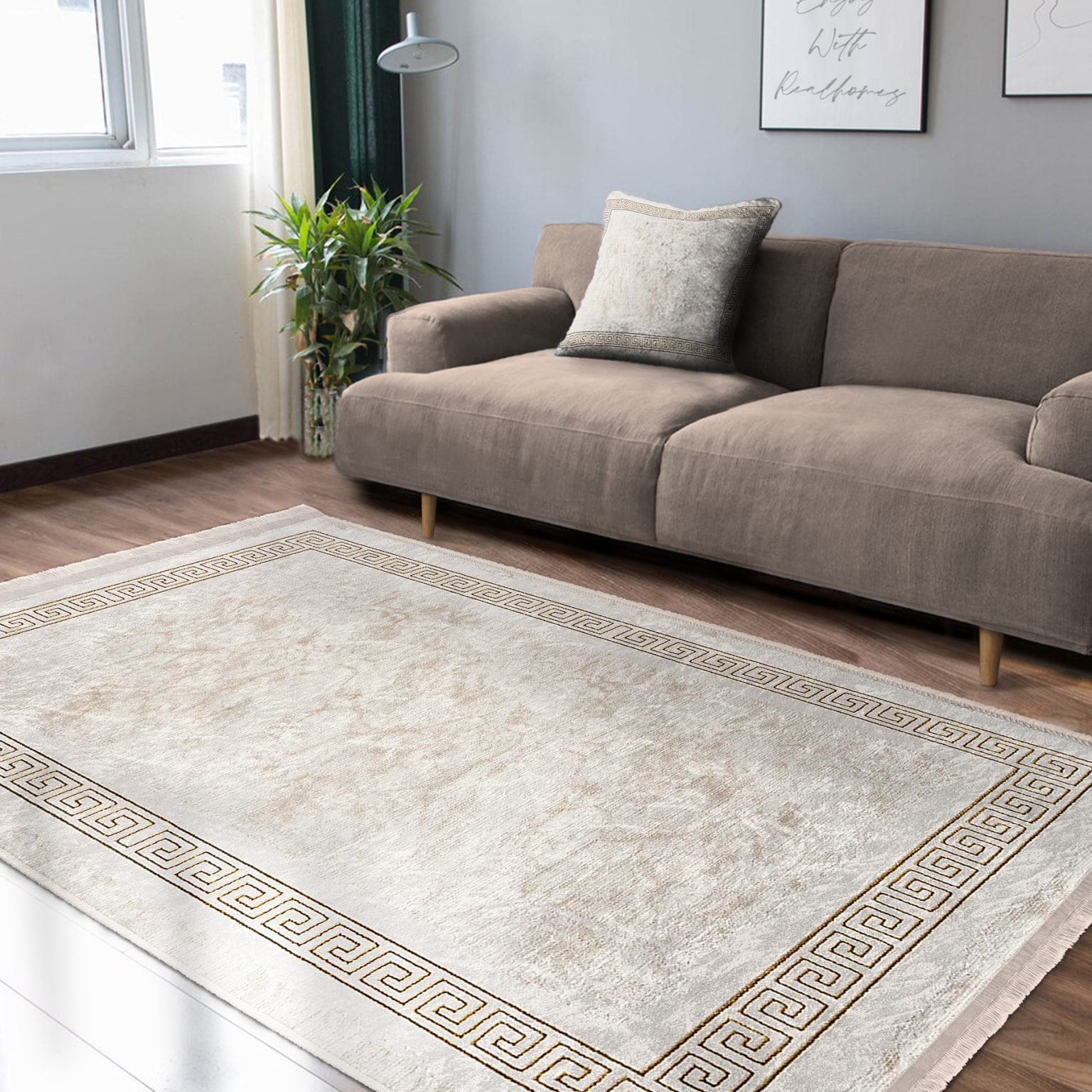 Greek Key Motif Area Rug, Classic Bordered Anti-slip Carpet, Solid ...