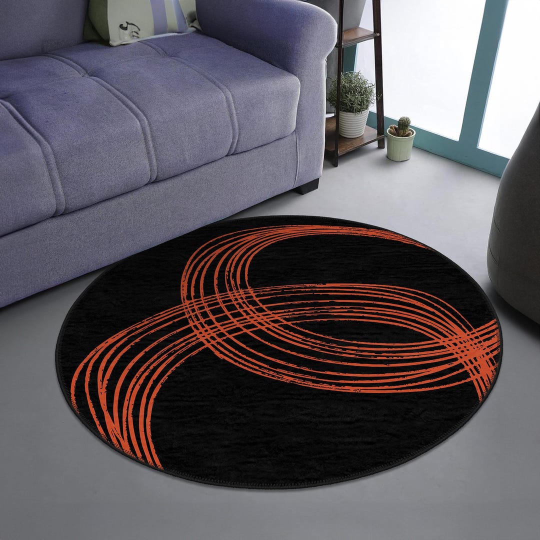 Abstract Round Rug, Black & Orange Circle Rug, Modern Living Room Rug ...