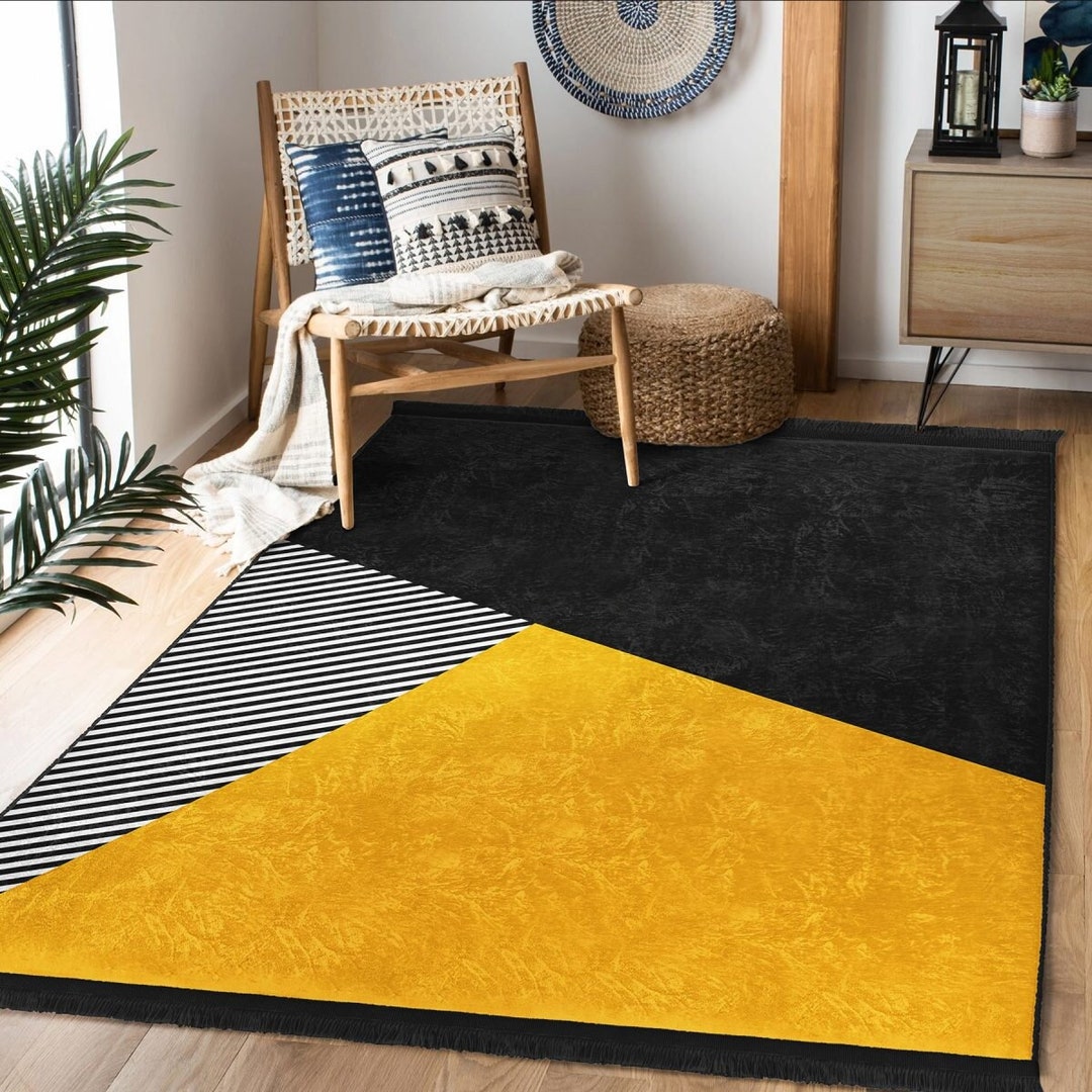 Black & Yellow Rugs, Modern Non-slip Carpet, Stripes Bedroom Rug ...