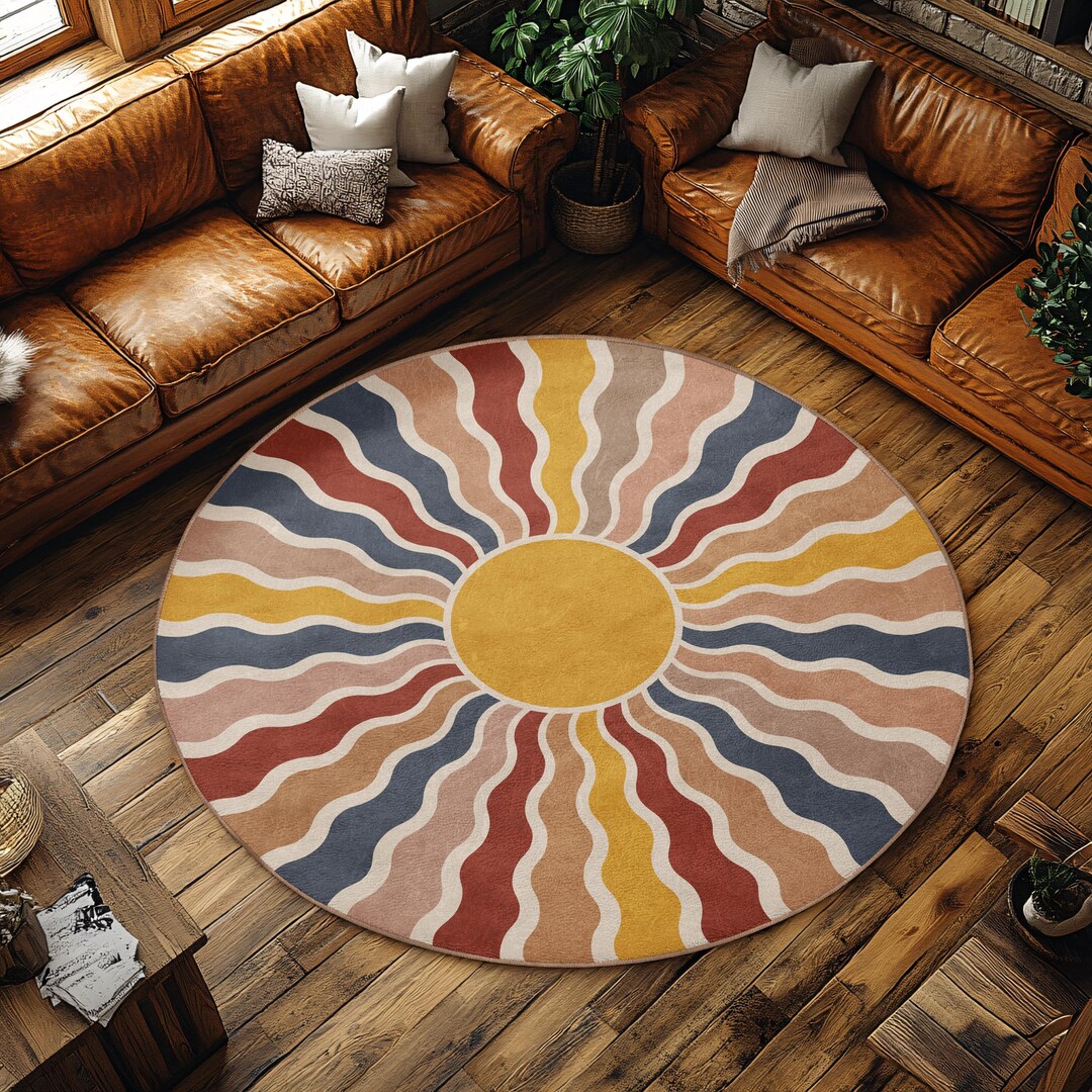 Retro Sunburst Round Rug, Solar Rainbow Circle Rug, Non-slip Retro Sun ...
