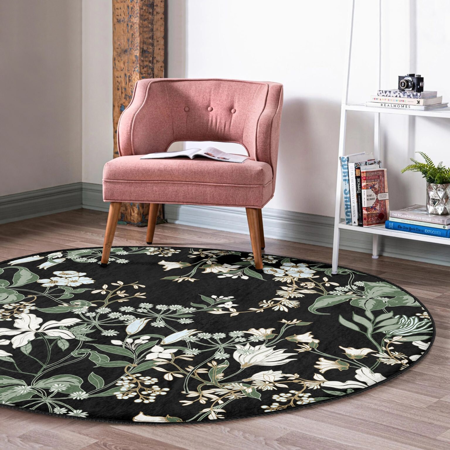 Greenery and Flowers Round Rug, Black Non Slip Circle Rugs, Garden ...