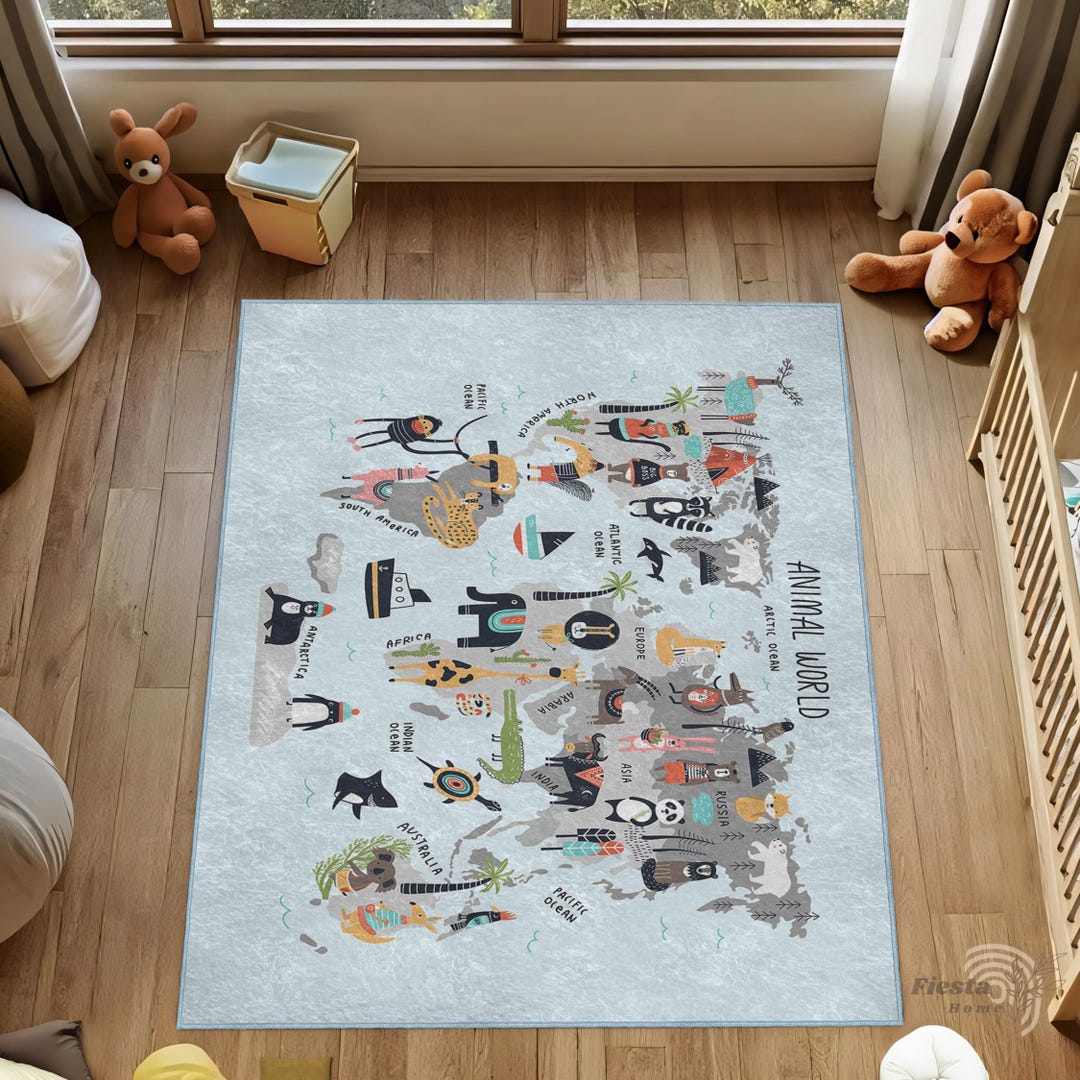 Animal World Map Nursery Rug, Educational Kids Room Rug, Non-slip ...