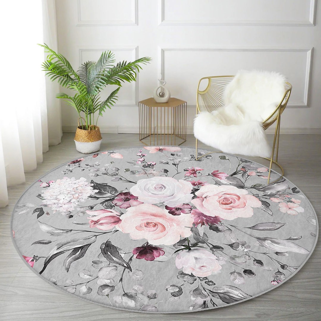 Rose and Hydrangea Round Rug, Floral Anti Slip Circle Rug, Gray Rugs ...