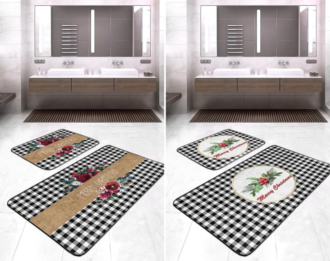 Black White Checkered Bath Mat 2 Pcs Set, Merry Christmas Bathroom ...