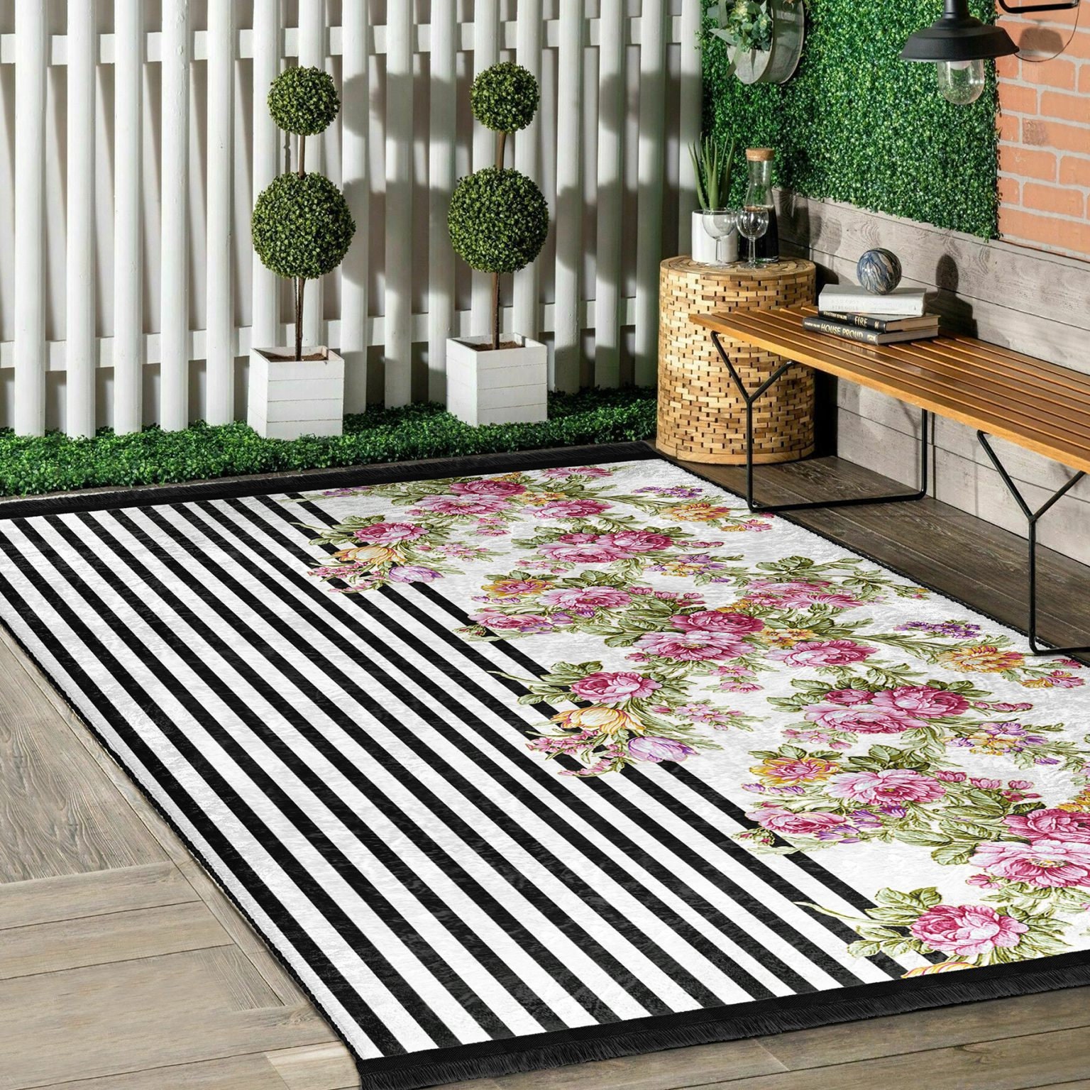 Floral Area Rugs, Pink Rose Anti-slip Carpet, Black and White Stripes ...