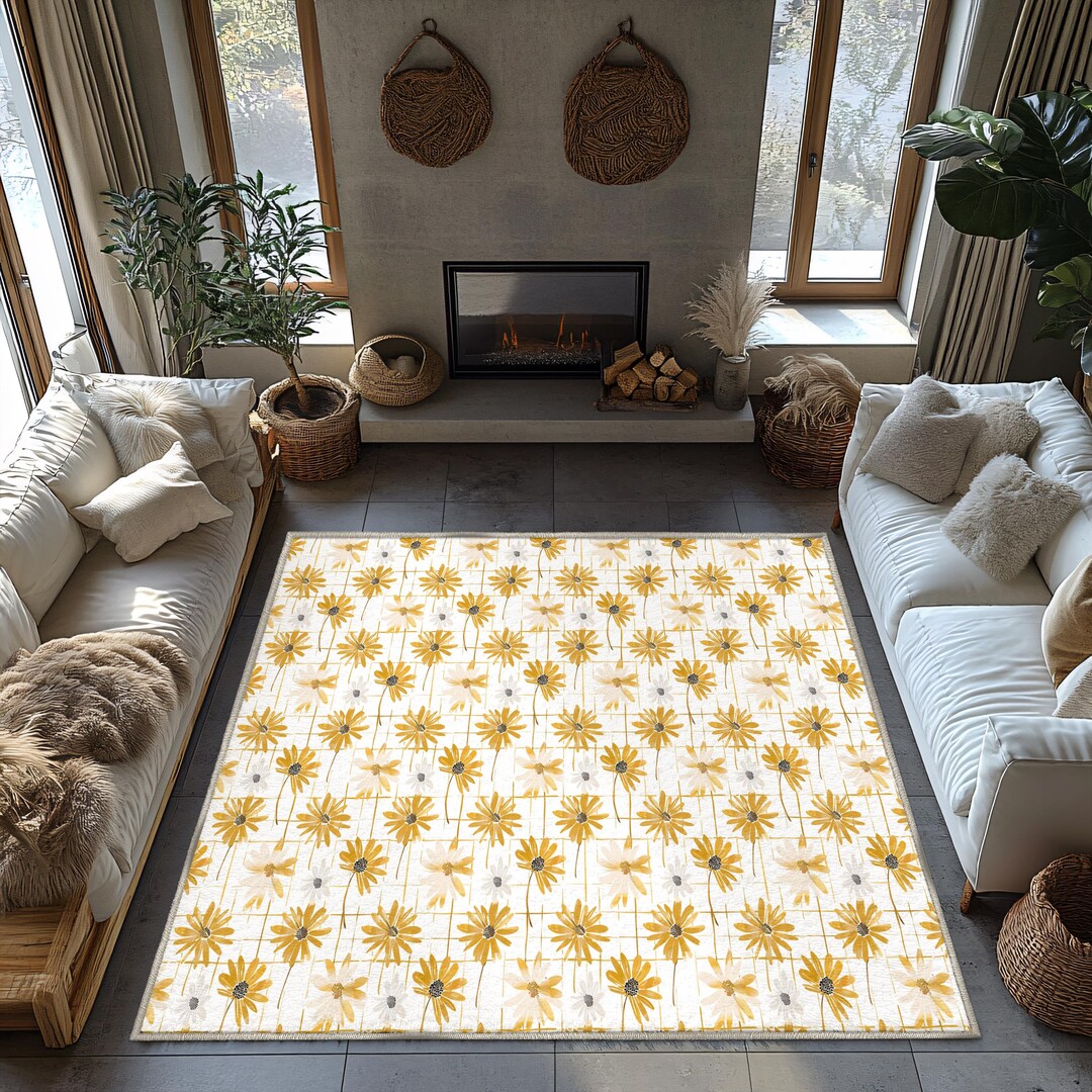 Daisy Flower Area Rug, Bohemian Floral Rugs, Non-slip Botanical Floor ...