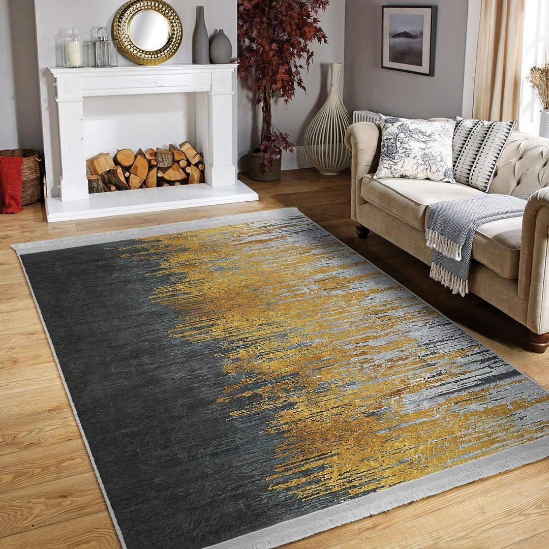 Gold & Gray Area Rug, Abstract Anti-slip Carpet, Trendy Living Room Rug ...