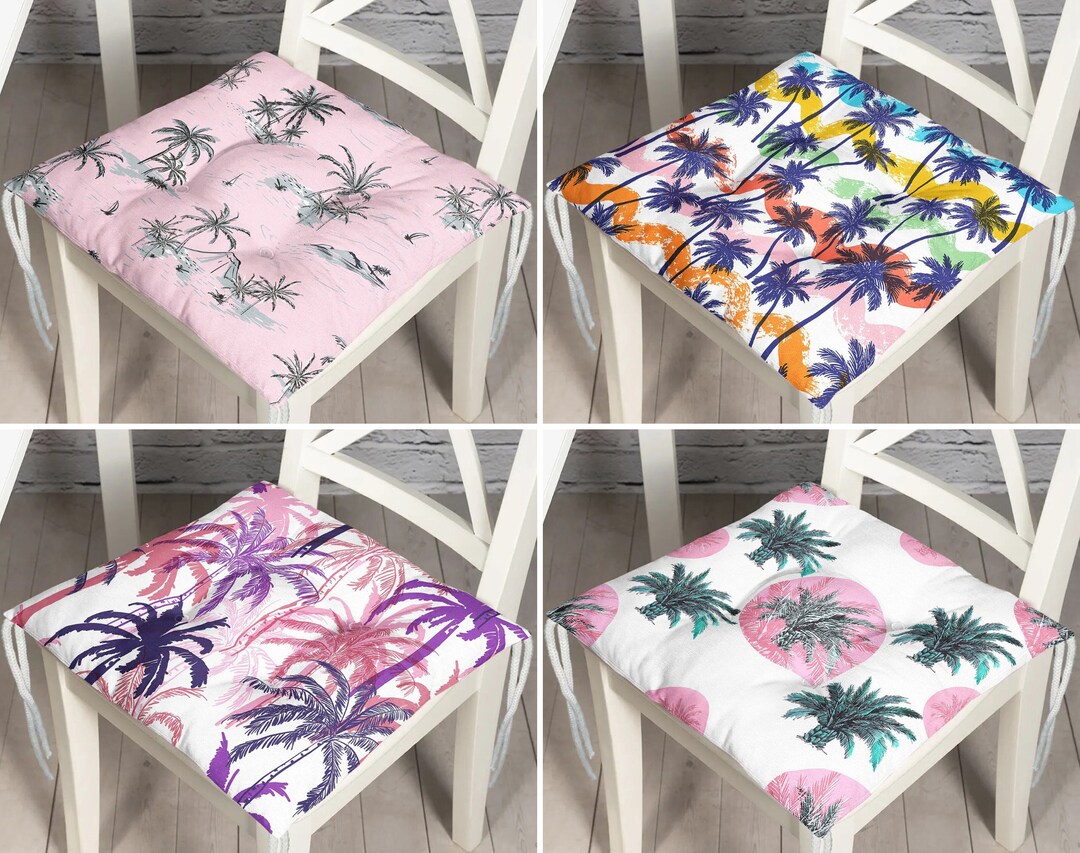 Pink Accent Palm Tree Puffy Seat Cushions, Summer Theme Chair Pad ...