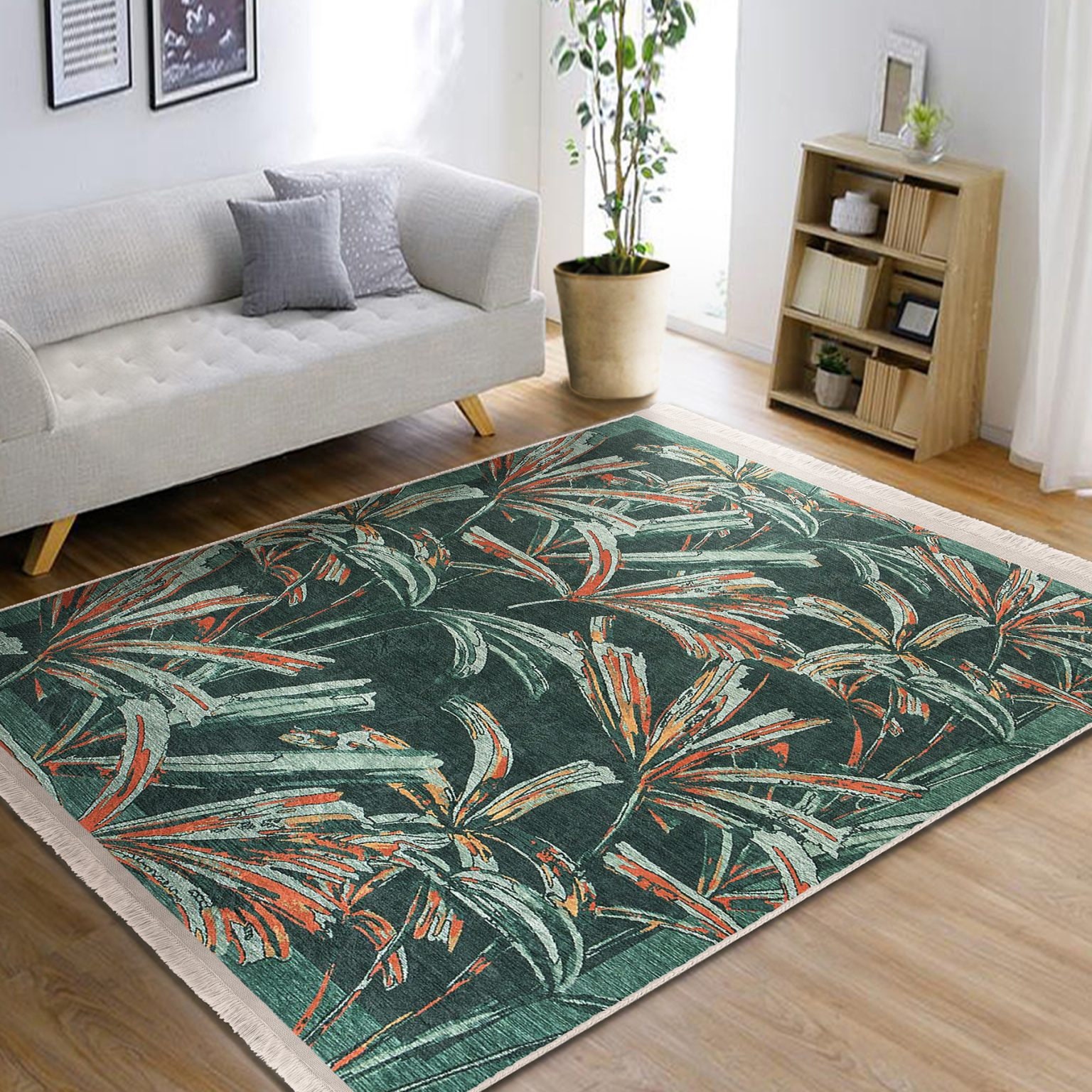 Tropical Leaves Rug, Floral Non-slip Carpet, Green Exotic Area Rug ...