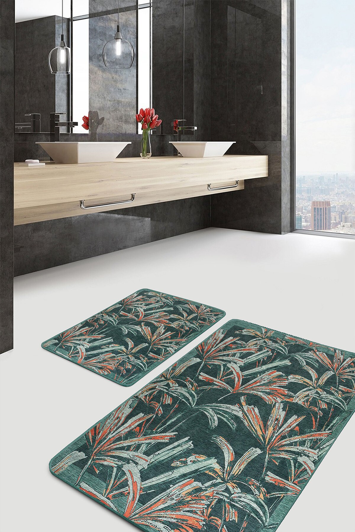Tropical Bath Mat Set, Giant Green Leaves Floor Mat, Non Slip Bathroom ...