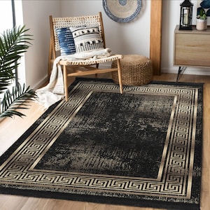 Greek Key Area Rug, Luxury Soft Living Room Rug, Gold Bordered Non-slip ...