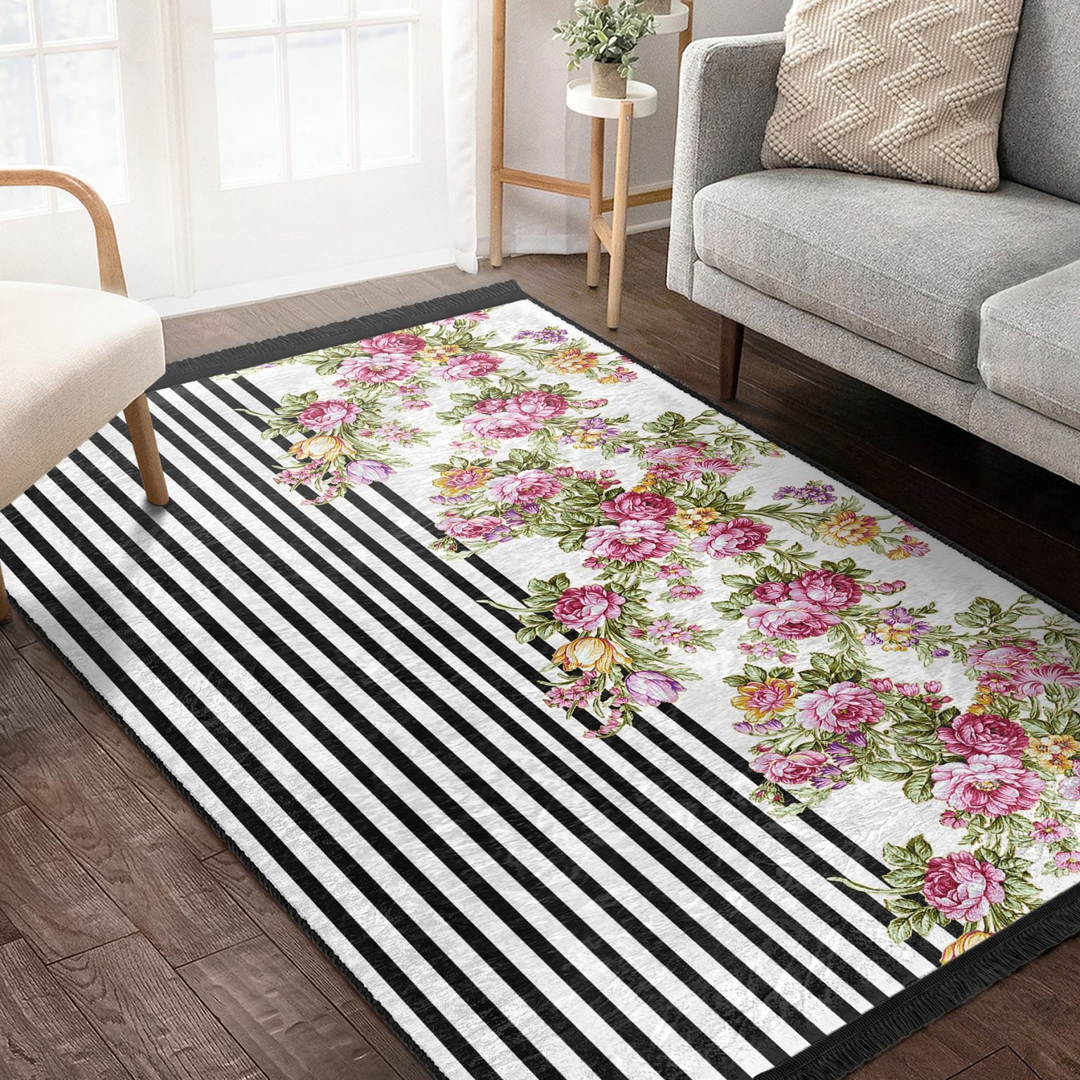 Floral Area Rugs, Pink Rose Anti-slip Carpet, Black and White Stripes ...