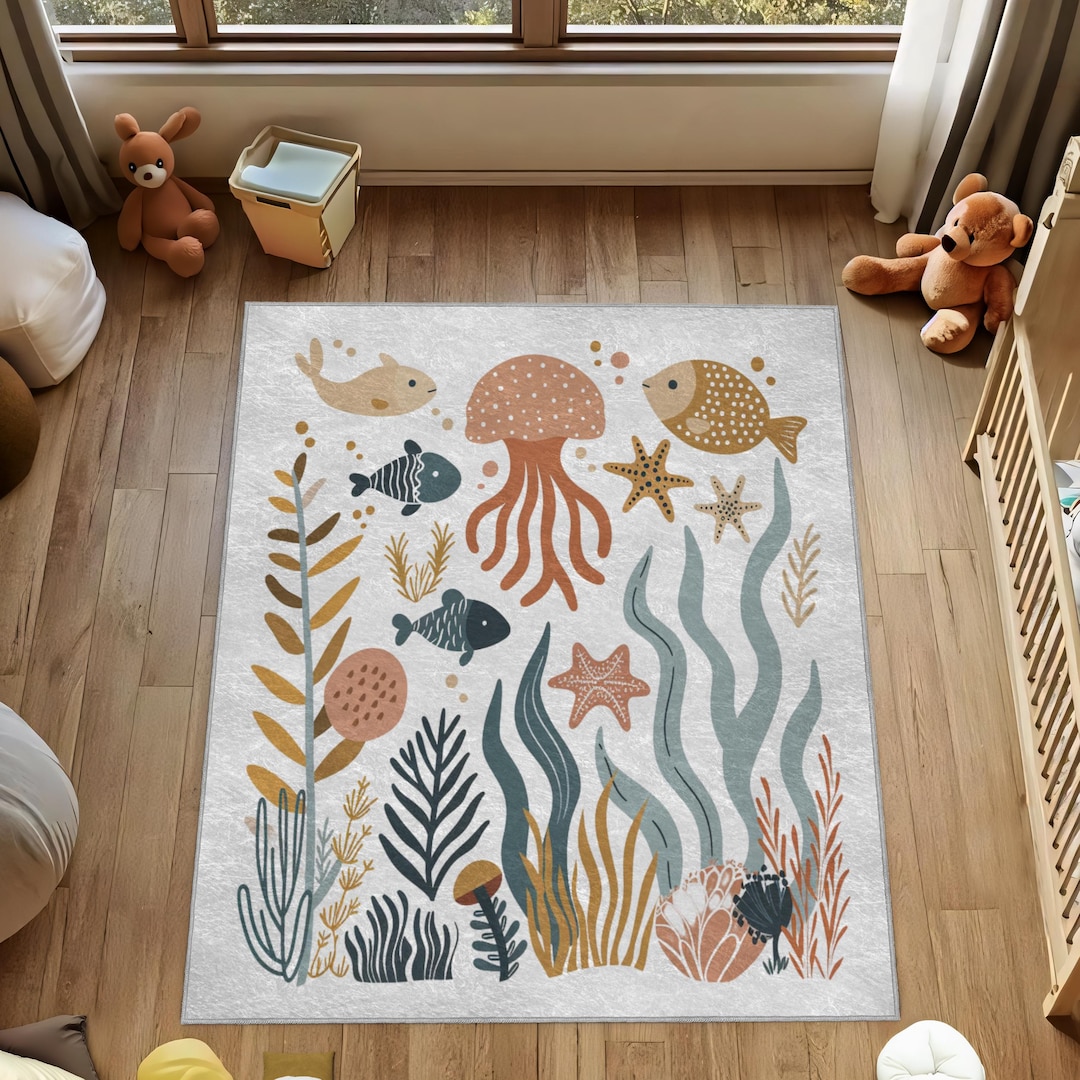 Underwater World Nursery Rug, Ocean Theme Kids Room Rug, Sea Animal ...