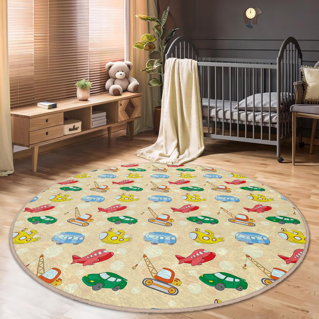 Colorful Vehicles Round Nursery Rug, Cartoon Funny Cars Circle Mat, Non ...