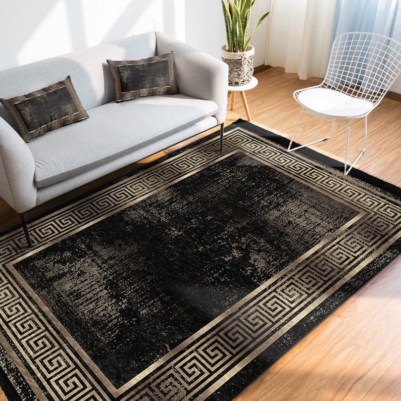 Greek Key Area Rug, Luxury Soft Living Room Rug, Gold Bordered Non-slip ...