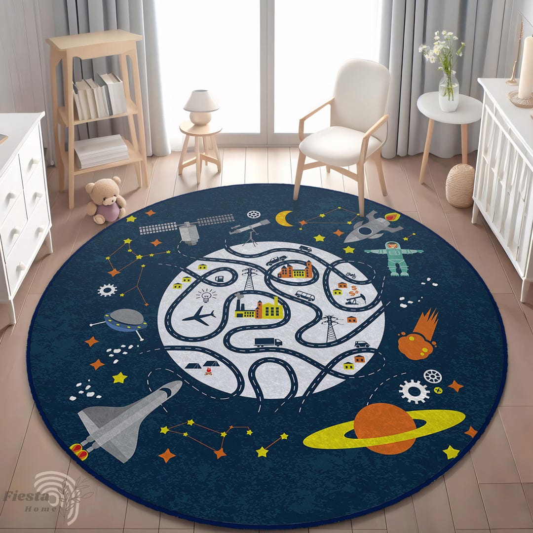 Space Maze Nursery Activity Rug, Galaxy Playroom Carpet, Puzzle Maze ...