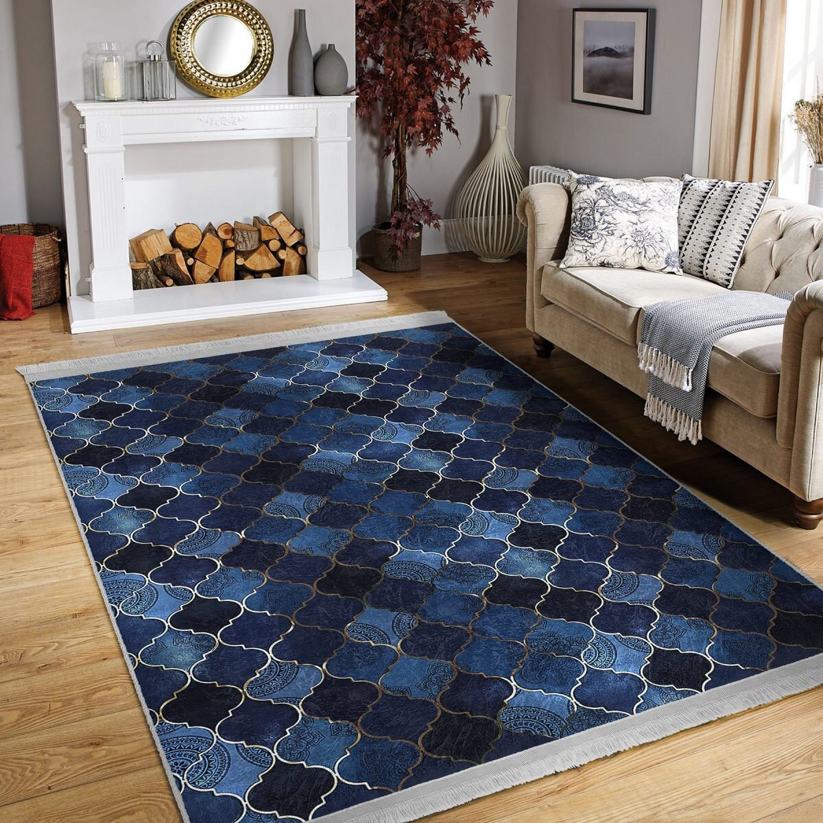 Blue Geometric Rugs, Moroccan Trellis Style Area Rugs, Ogee Pattern ...