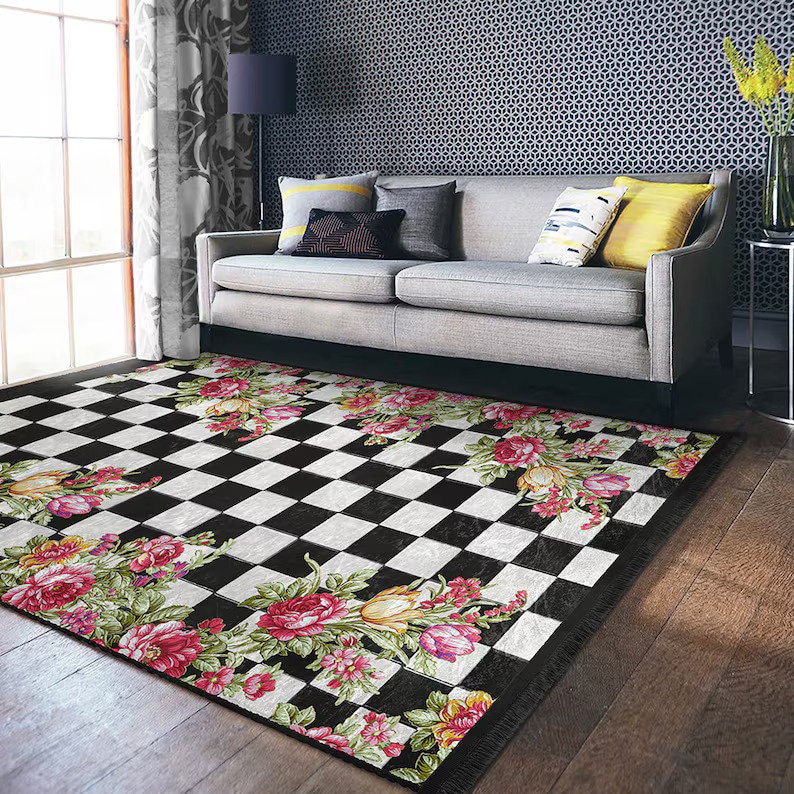 Checkered Floral Runner Rug: Black White With Pink Flowers - Etsy