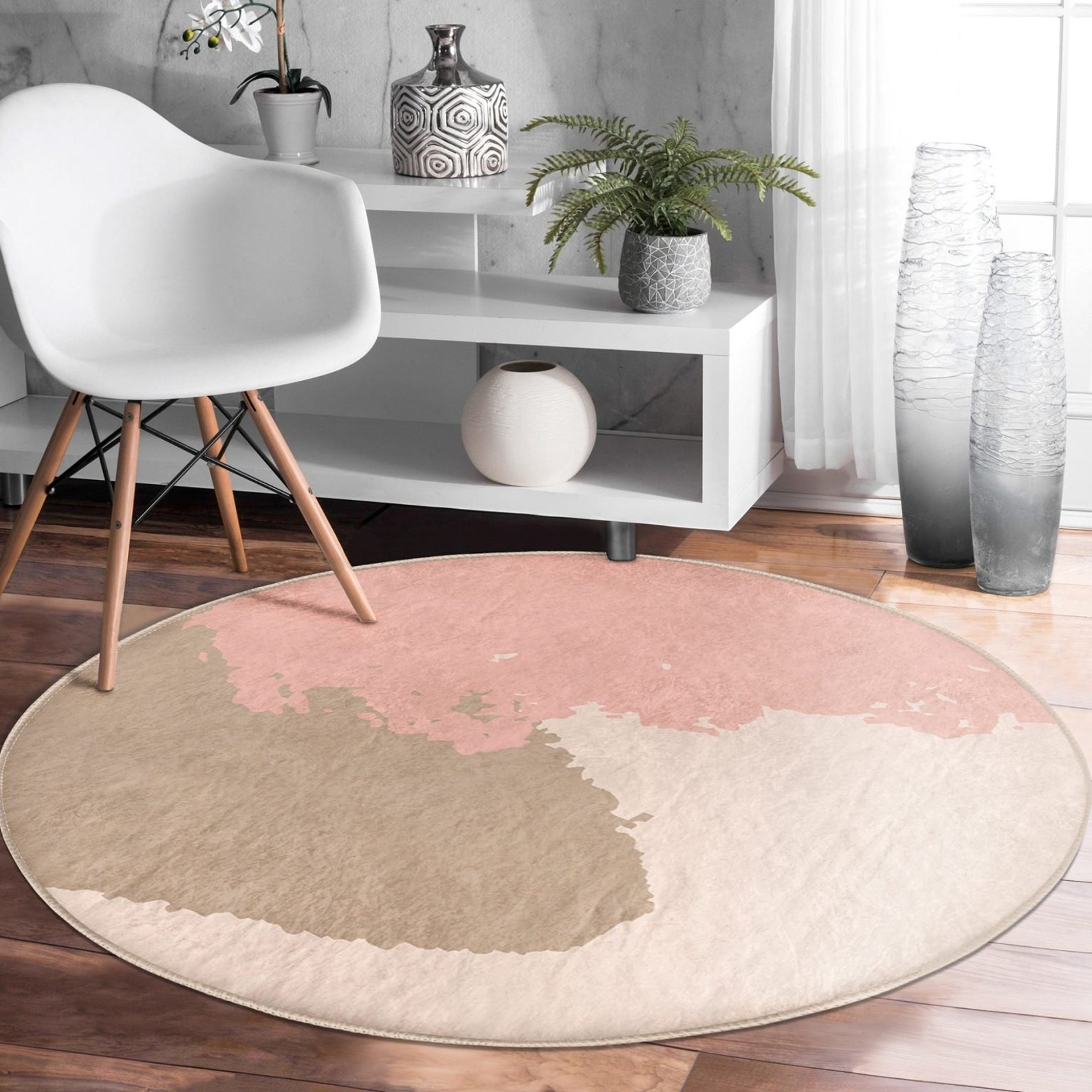 Modern Style Round Rug, Non Slip Pink Circle Rug, Decorative Round ...