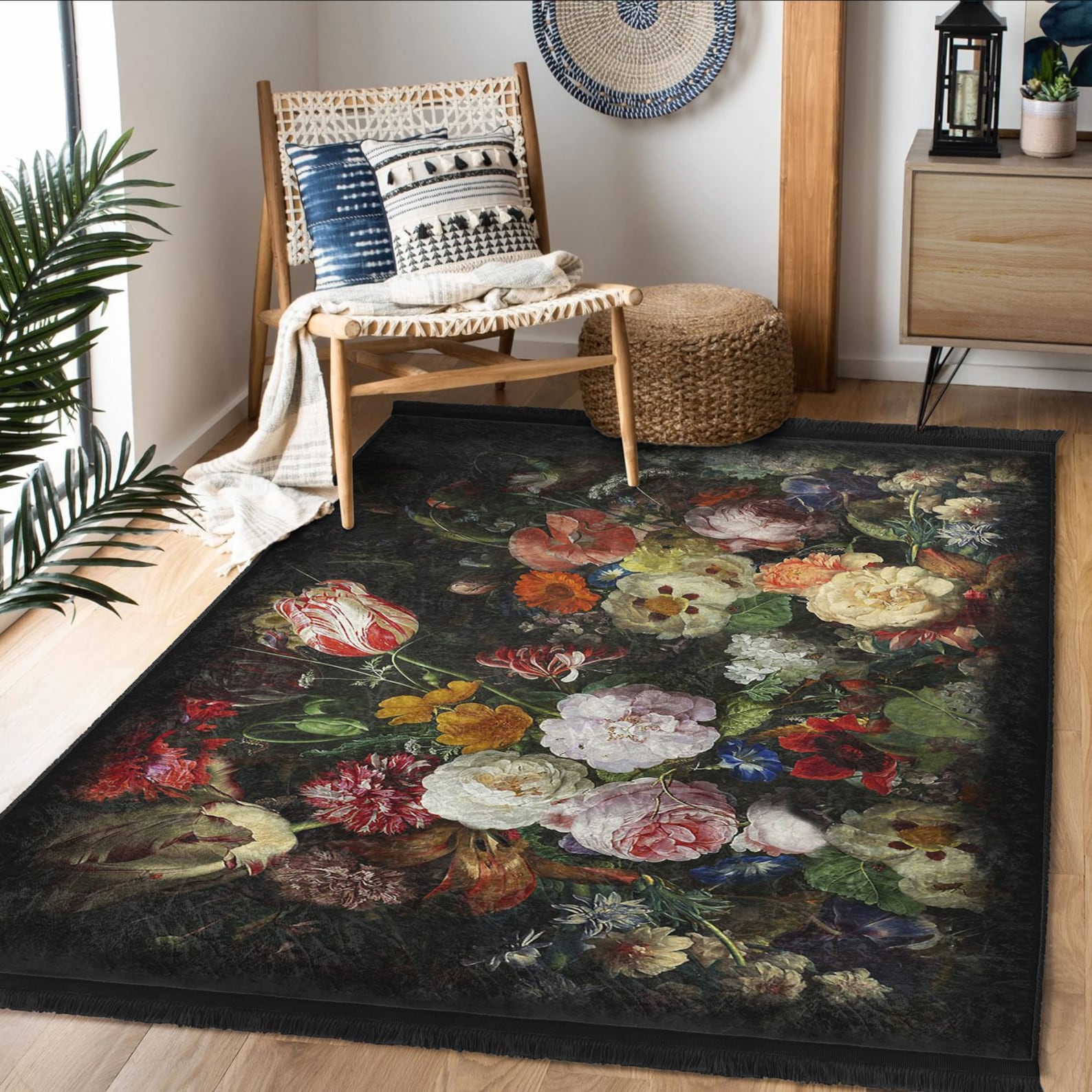 Black Rug With Flower, Pink Roses Non Slip Carpet, Stylish Washable ...