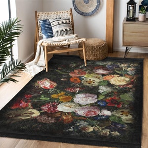 Black Rug With Flower, Pink Roses Non Slip Carpet, Stylish Washable ...