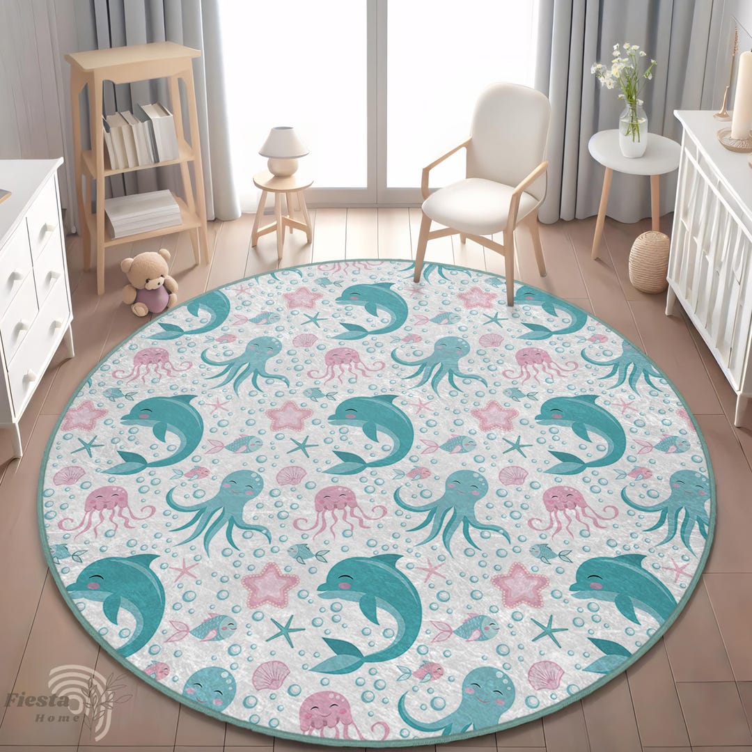 Ocean Animals Nursery Carpet, Cute Animals Baby Room Rug, Round Toddler ...