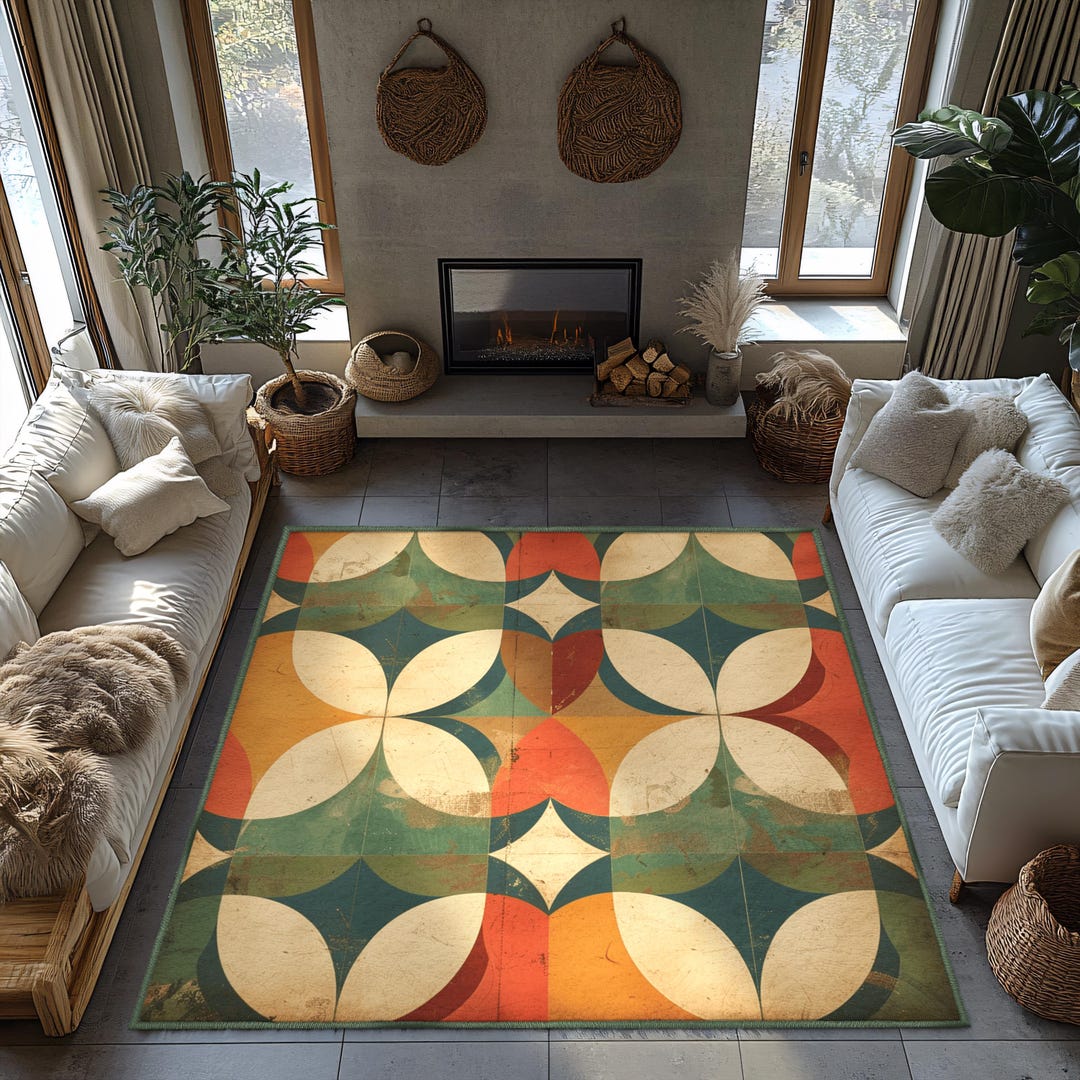 Mid Century Area Rug: Retro Geometric Design, Washable & Pet Friendly ...