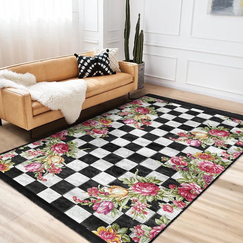 Checkered Floral Runner Rug: Black White With Pink Flowers - Etsy