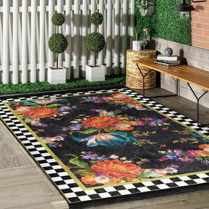 Floral Area Rug, Black & White Checkered Rugs, Orange Flowers Carpet ...