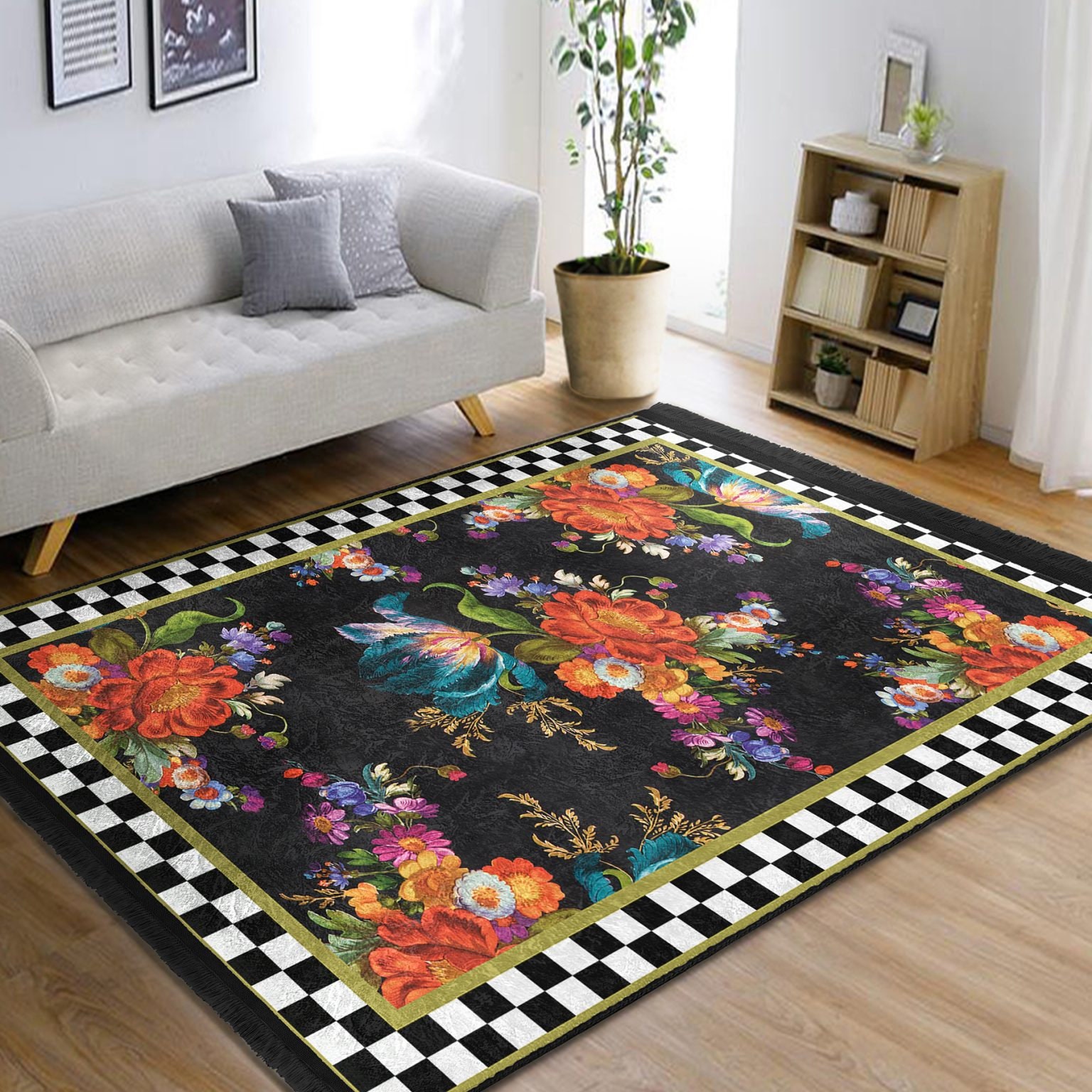 Floral Area Rug, Black & White Checkered Rugs, Orange Flowers Carpet ...